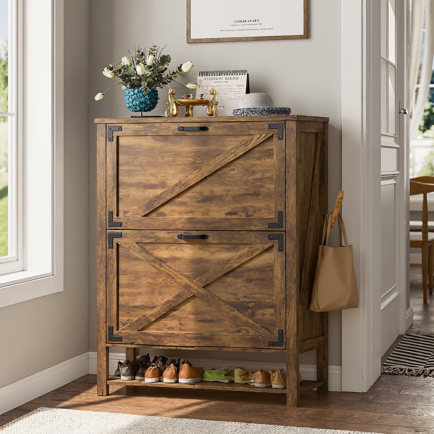 VEANERWOOD Shoe Cabinet with 2 Flip Drawers, Narrow Slim Shoe Rack with ...