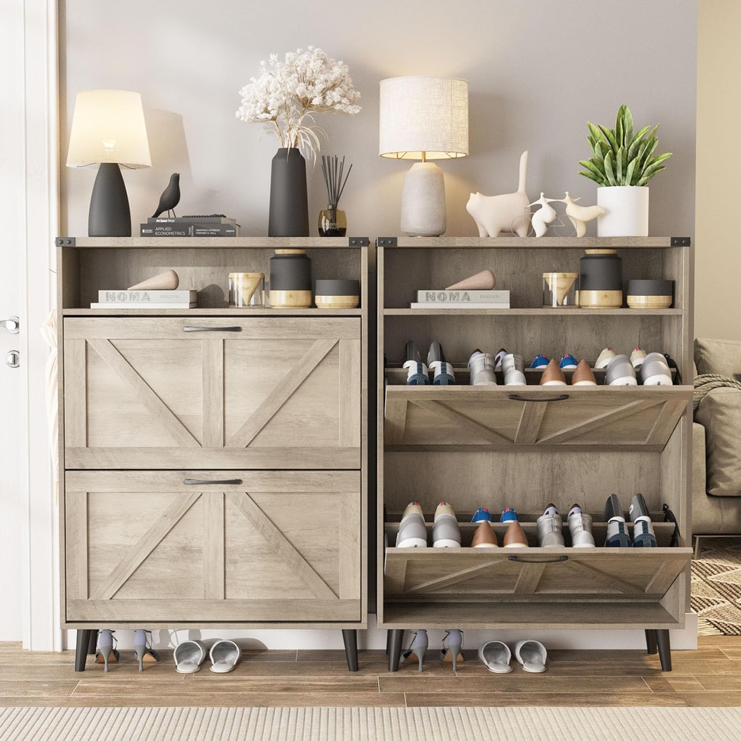 DWVO White Shoe Cabinet with 2 Flip Drawers, Modern Shoe Storage ...