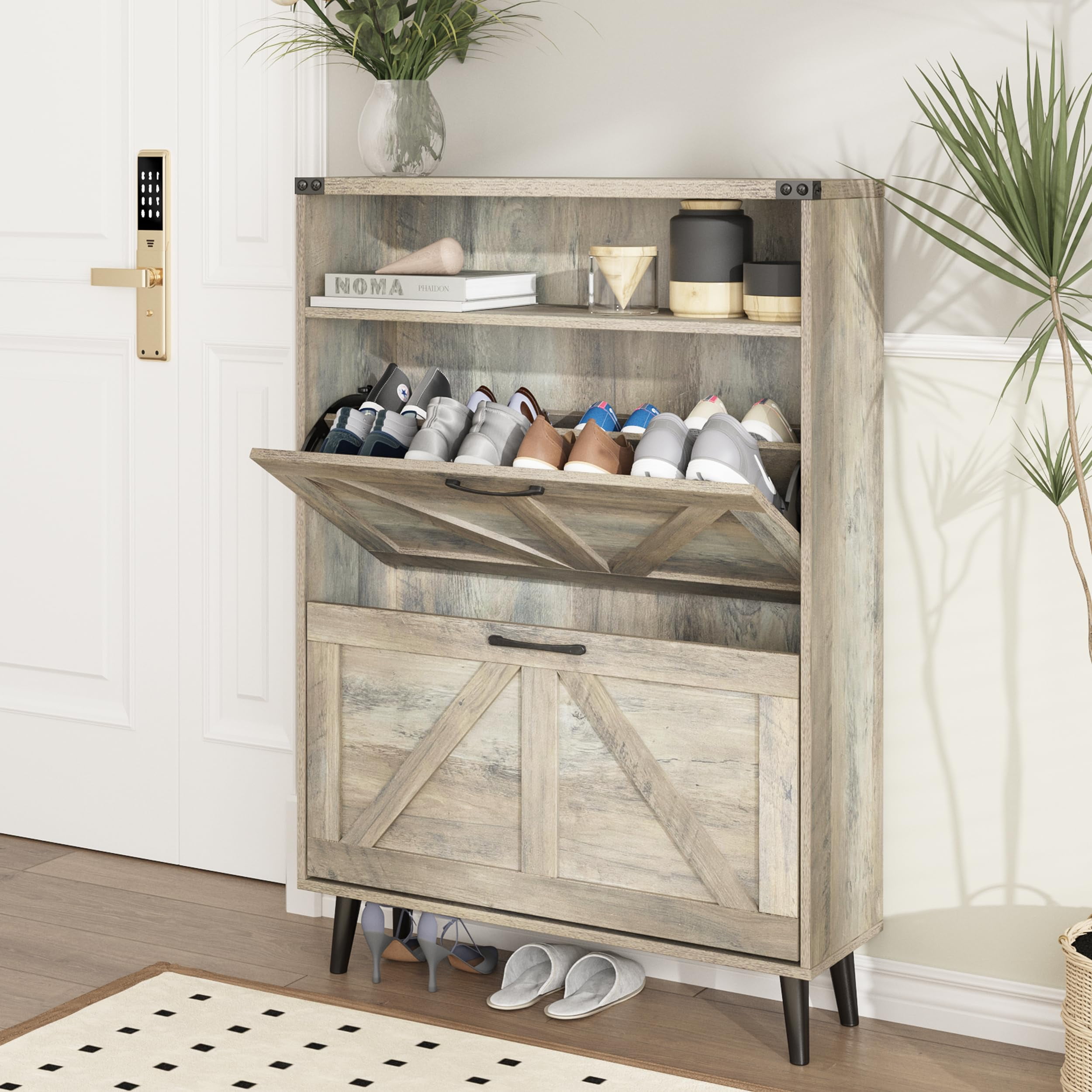VEANERWOOD Shoe Cabinet with 2 Flip Drawers, Shoe Storage Cabinet for ...