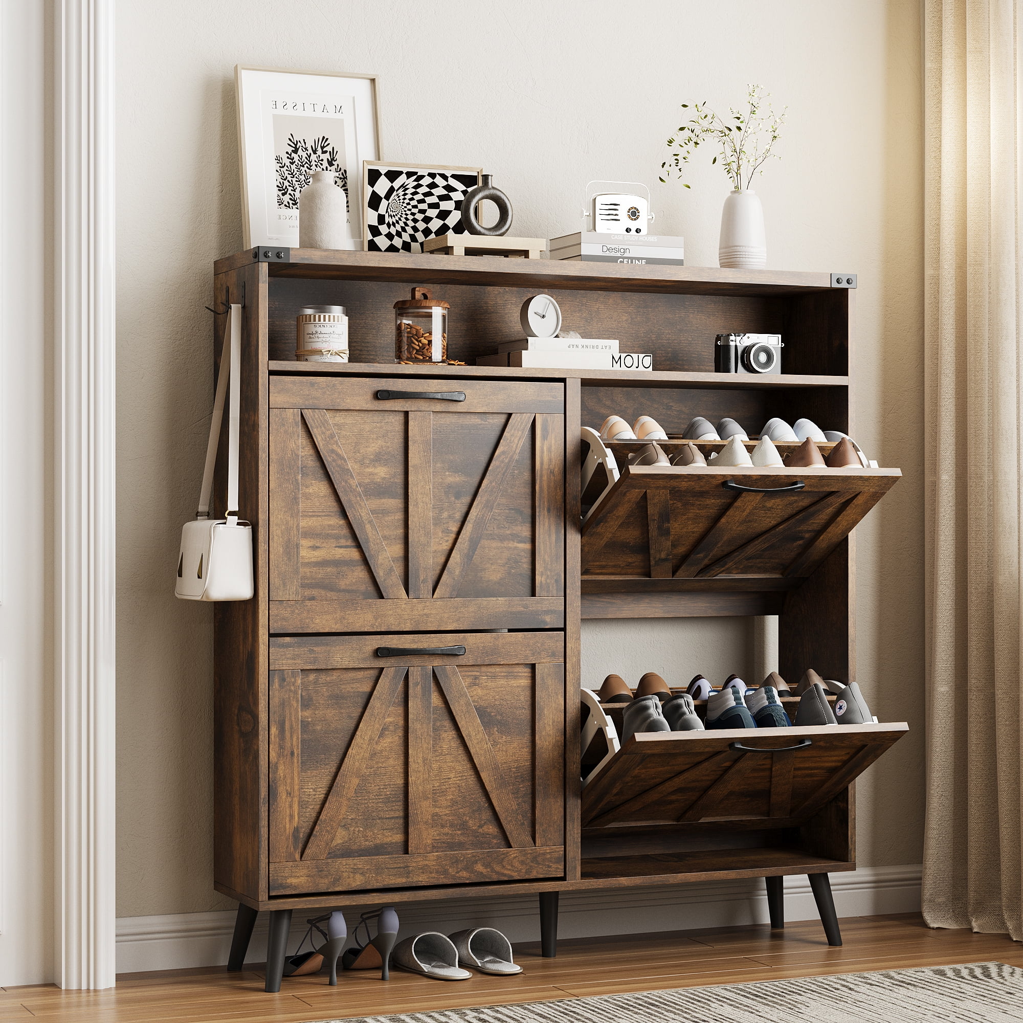 Veanerwood Shoe Cabinet Wtih 4 Flip Drawers, Freestanding Narrow Shoe ...