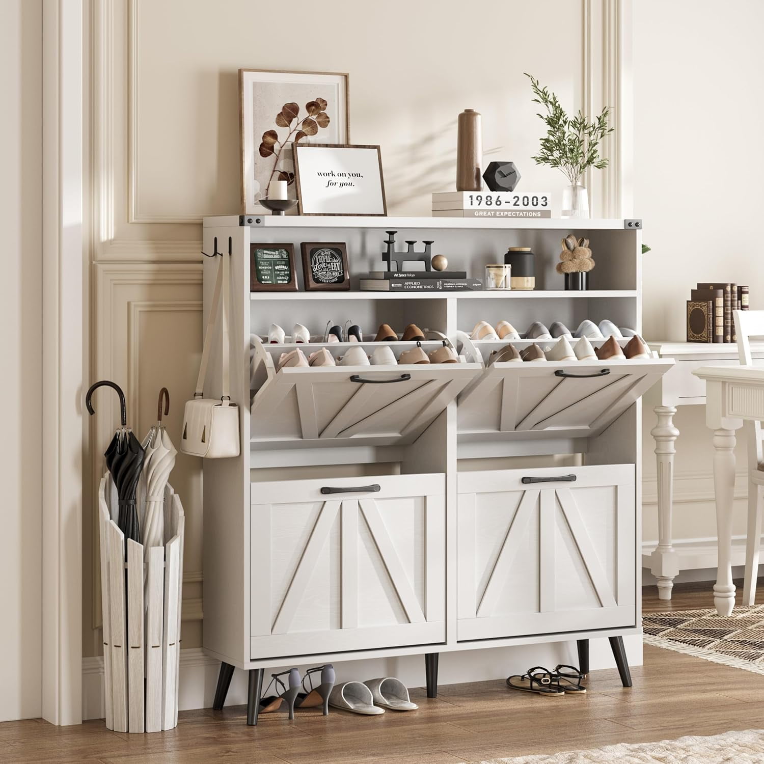 VEANERWOOD Shoe Cabinet Wtih 4 Flip Drawers, Freestanding Narrow Shoe ...