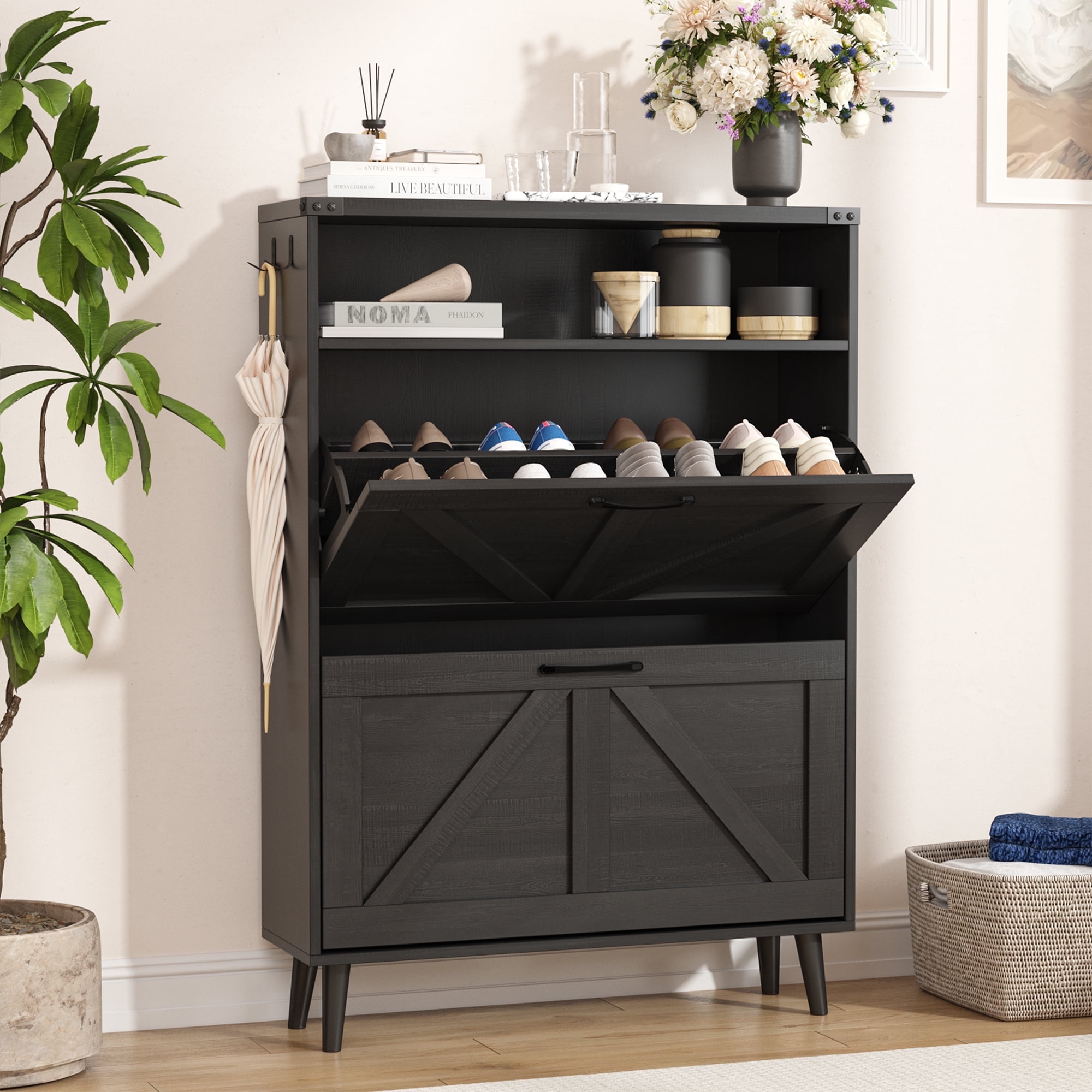 "Veanerwood Farmhouse Freestanding Shoe Cabinet, Black, 2 Flip Drawers ...