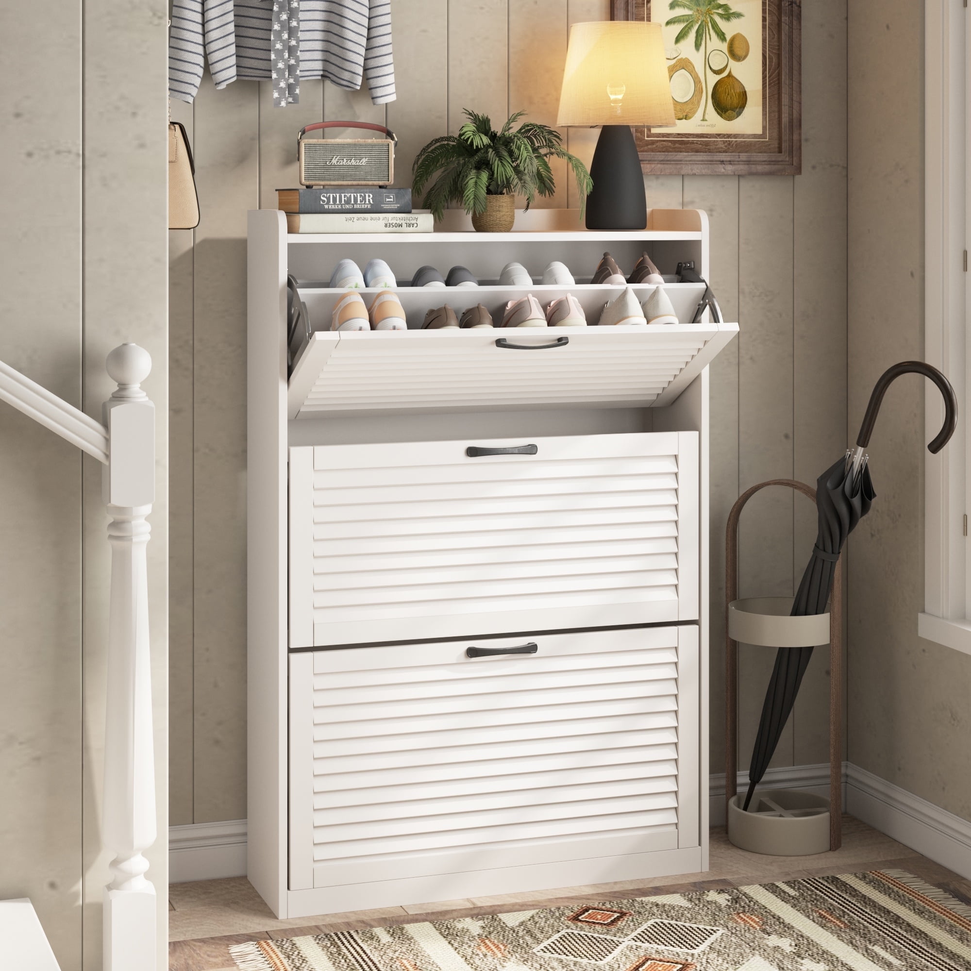 VEANERWOOD Large Closed Shoe Storage Cabinet, Narrow 3 Flip Drawers ...