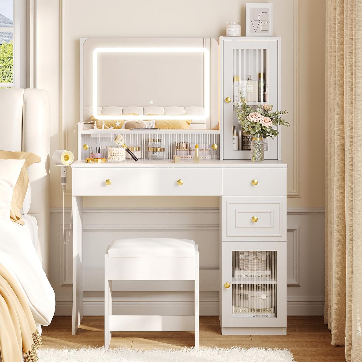 VEANERWOOD Vanity Desk Set with Mirror and Lights, Makeup Vanity Table ...