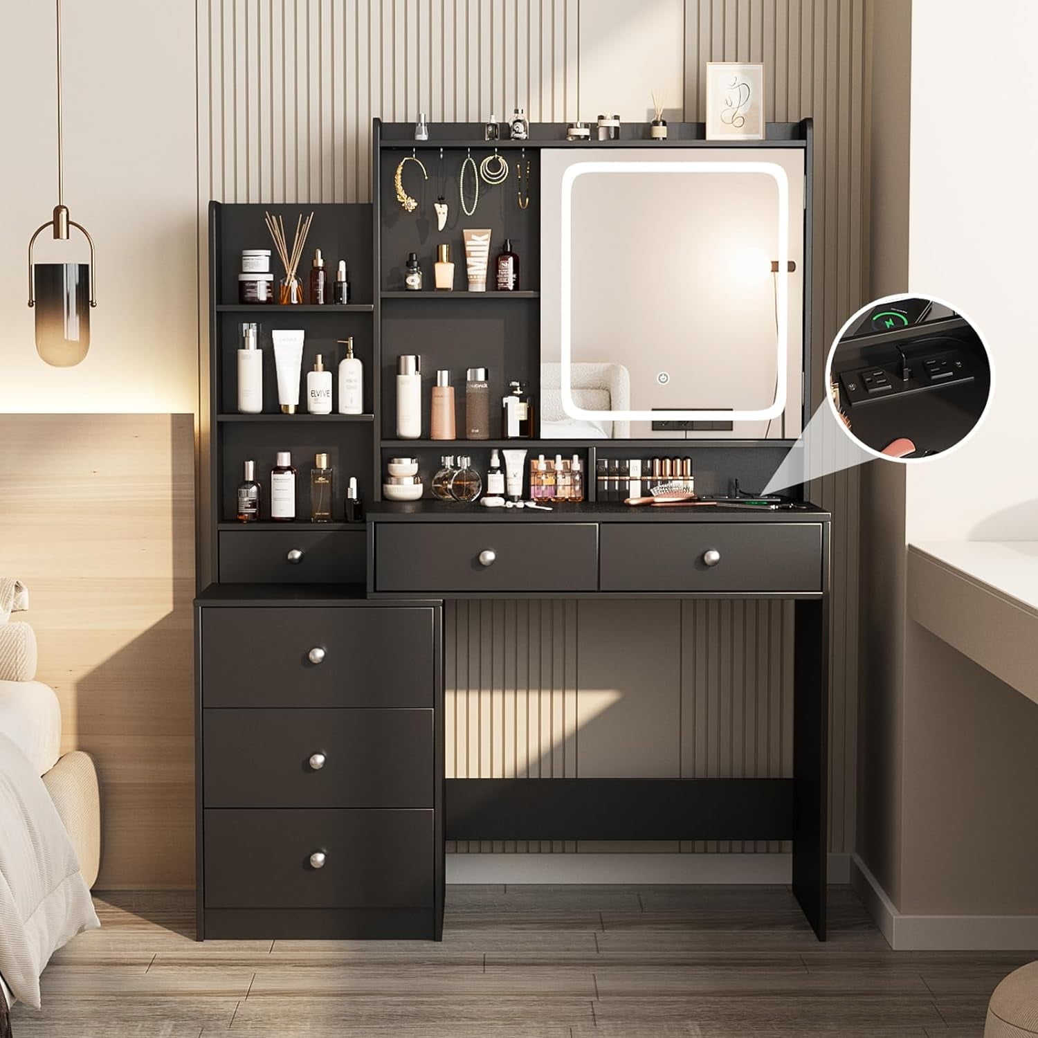 VEANERWOOD Vanity Desk with LED Mirror, Charging Station, 6 Drawers ...