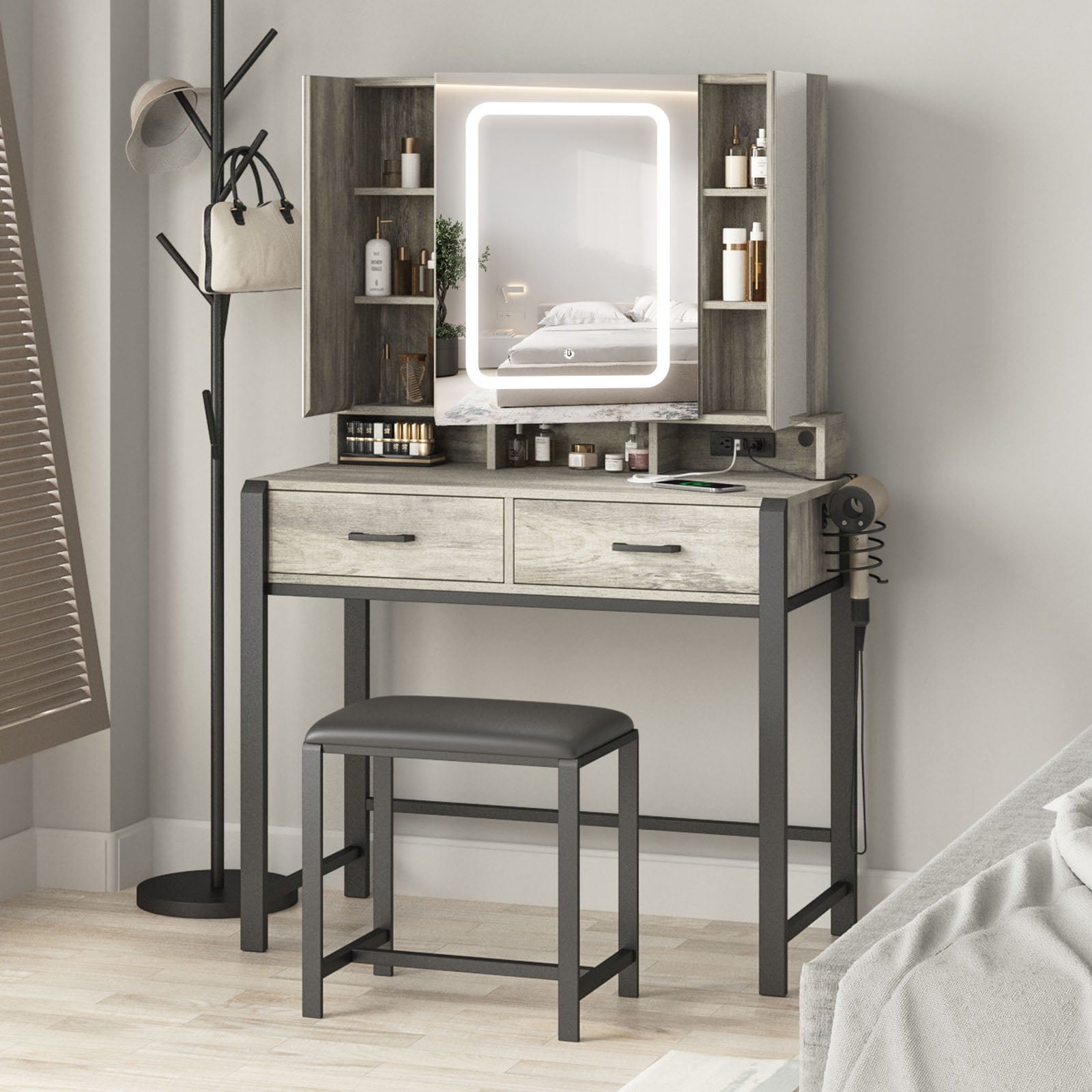 VEANERWOOD Vanity Set with Lighted Tri-Fold Mirror, 2 Drawers, Hidden ...