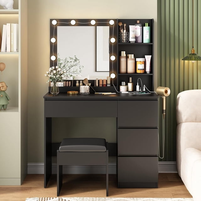 VEANERWOOD Vanity Set with Lights and Charging Station Makeup Vanity ...