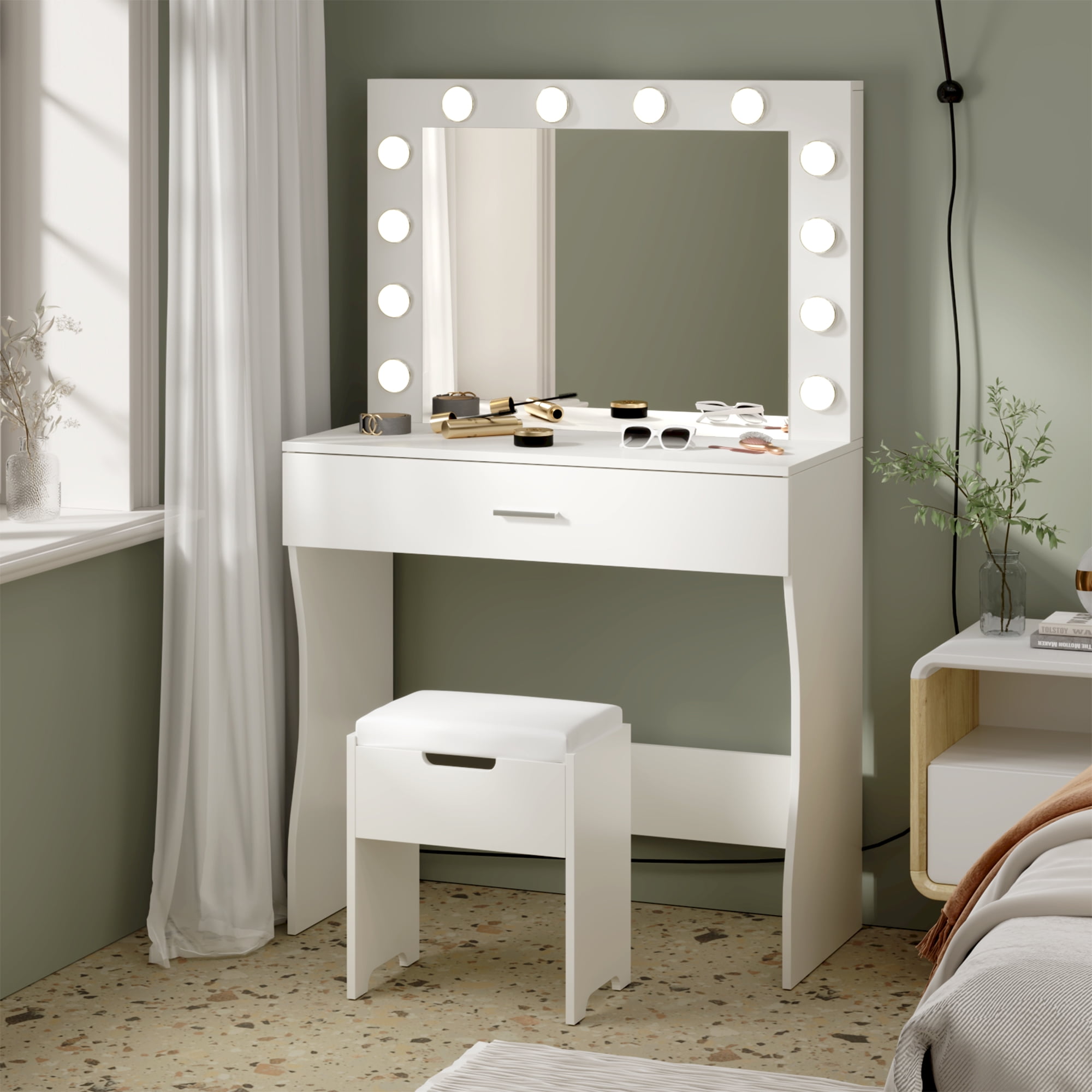 VEANERWOOD Solid Built Bedroom Vanity Table Set with Lighted Mirror ...