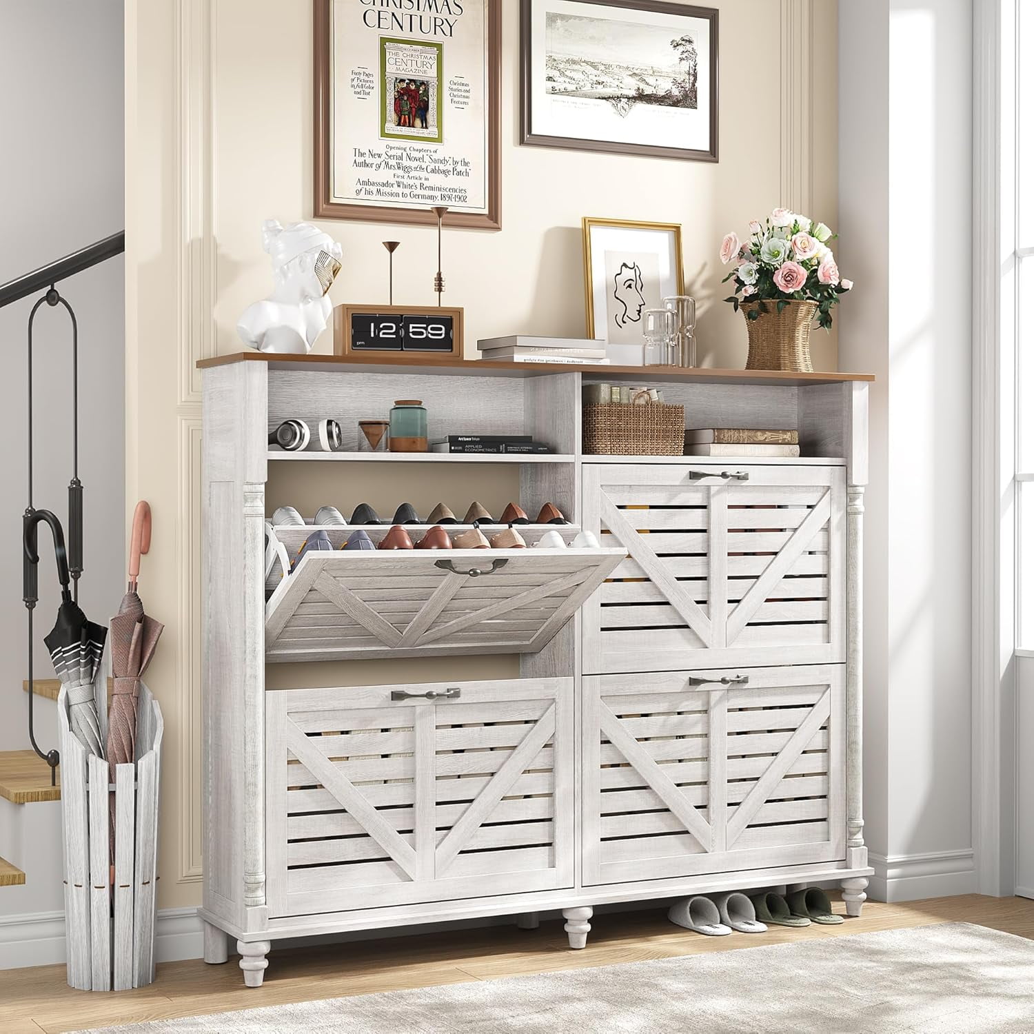 VEANERWOOD Vintage Shoe Cabinet with 4 Flip Drawers, Roman Column 40 ...