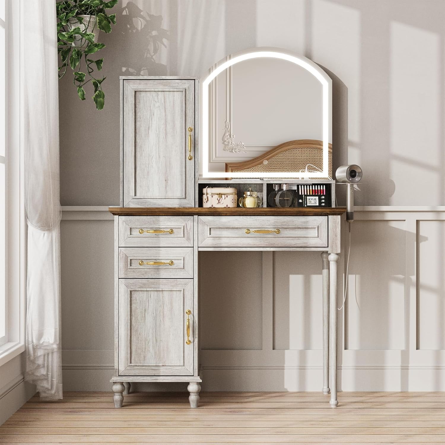 VEANERWOOD Vintage Vanity Desk with Mirror & 3 Color Lights, Makeup ...