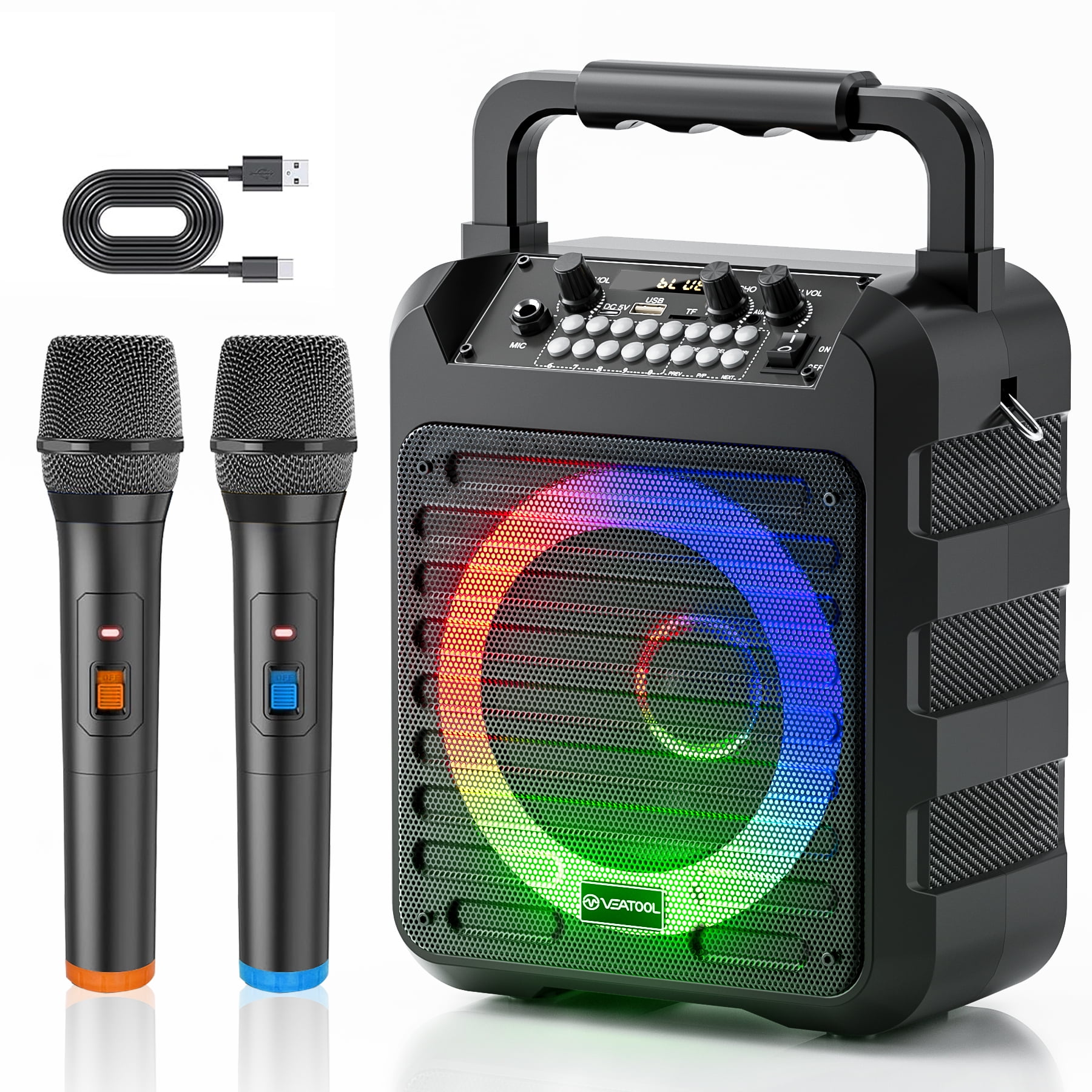VEATOOL Karaoke Machine, Portable Bluetooth Speaker with 2 Wireless ...