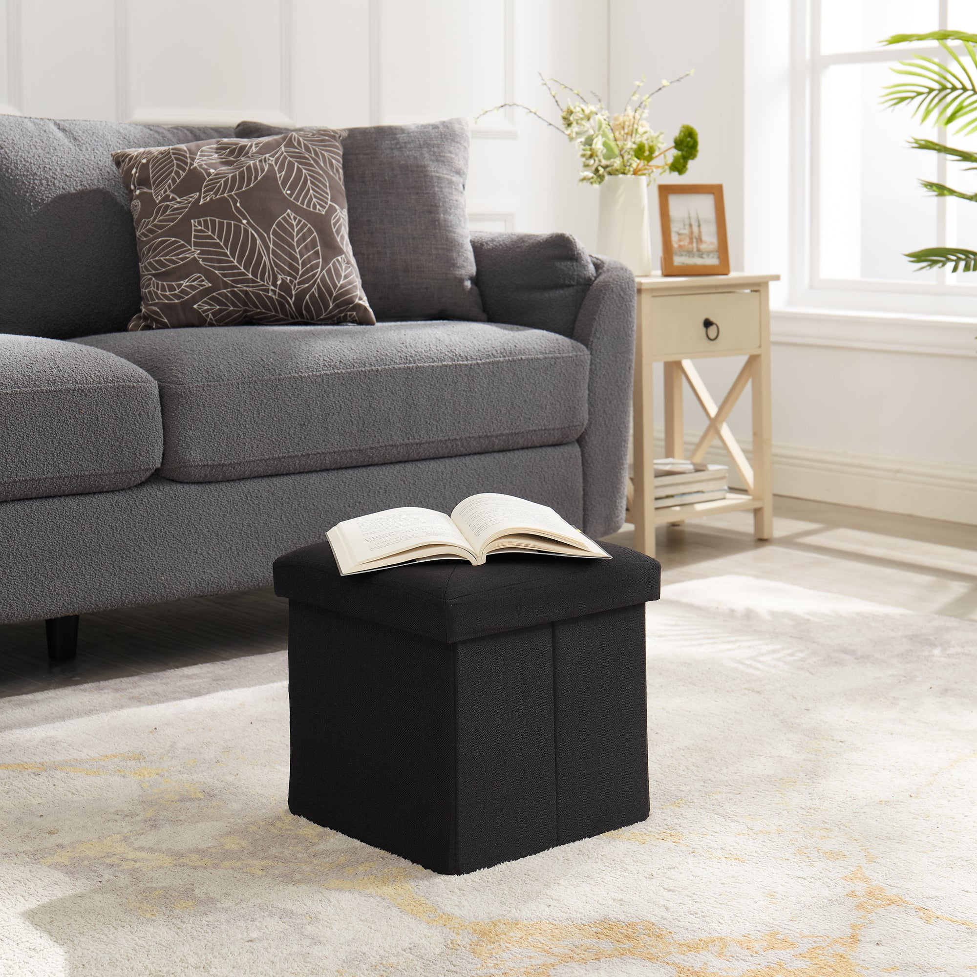 VECELO 12" Foldable Tufted Linen Storage Ottoman, Square Cube Foot Rest ...