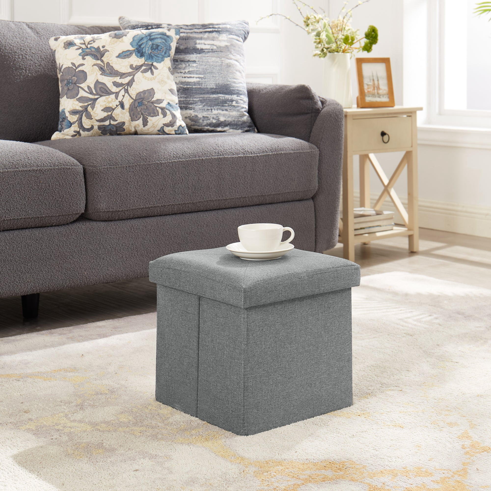 VECELO 12" Foldable Tufted Linen Storage Ottoman, Square Cube Foot Rest ...