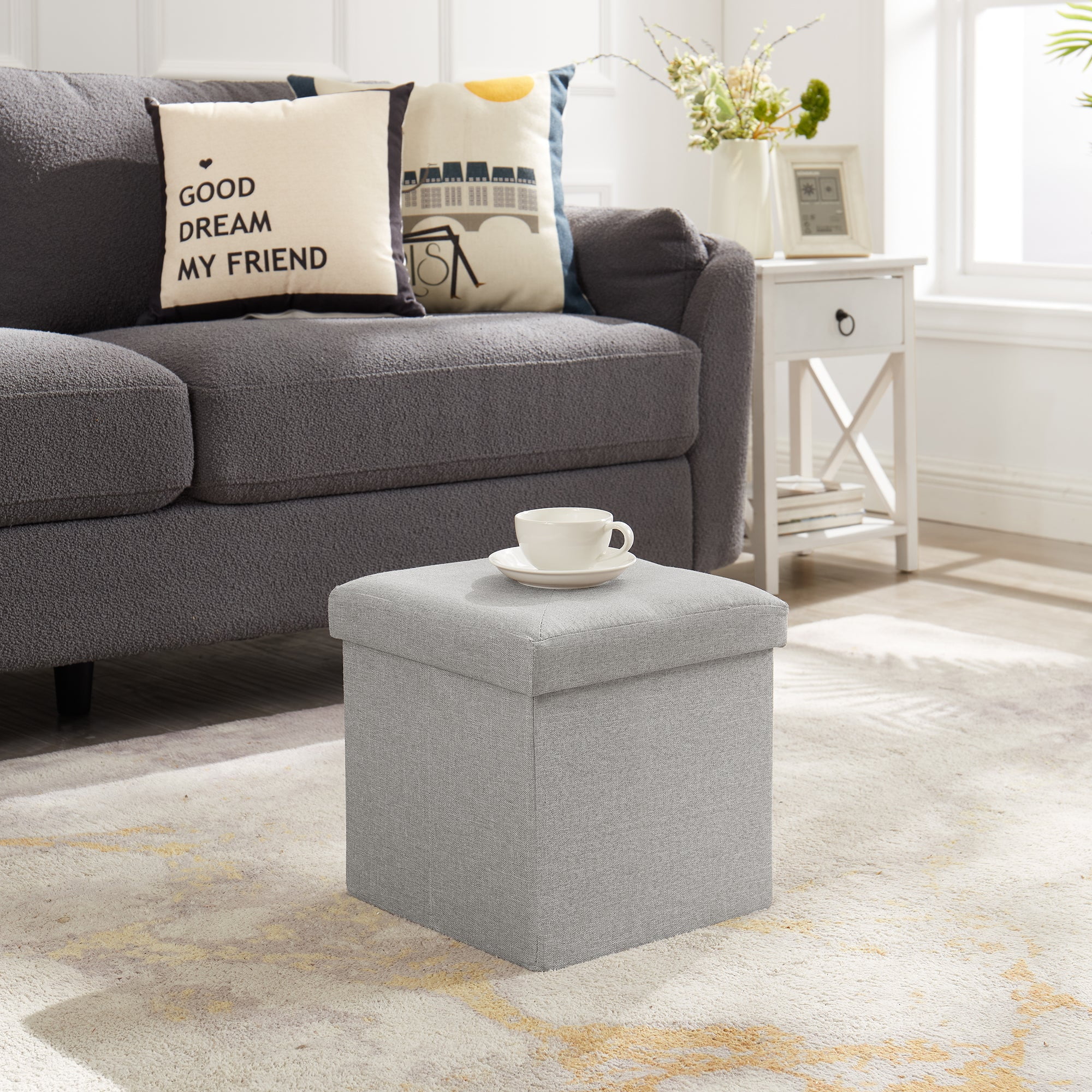 VECELO 12" Foldable Tufted Linen Storage Ottoman, Square Cube Foot Rest ...