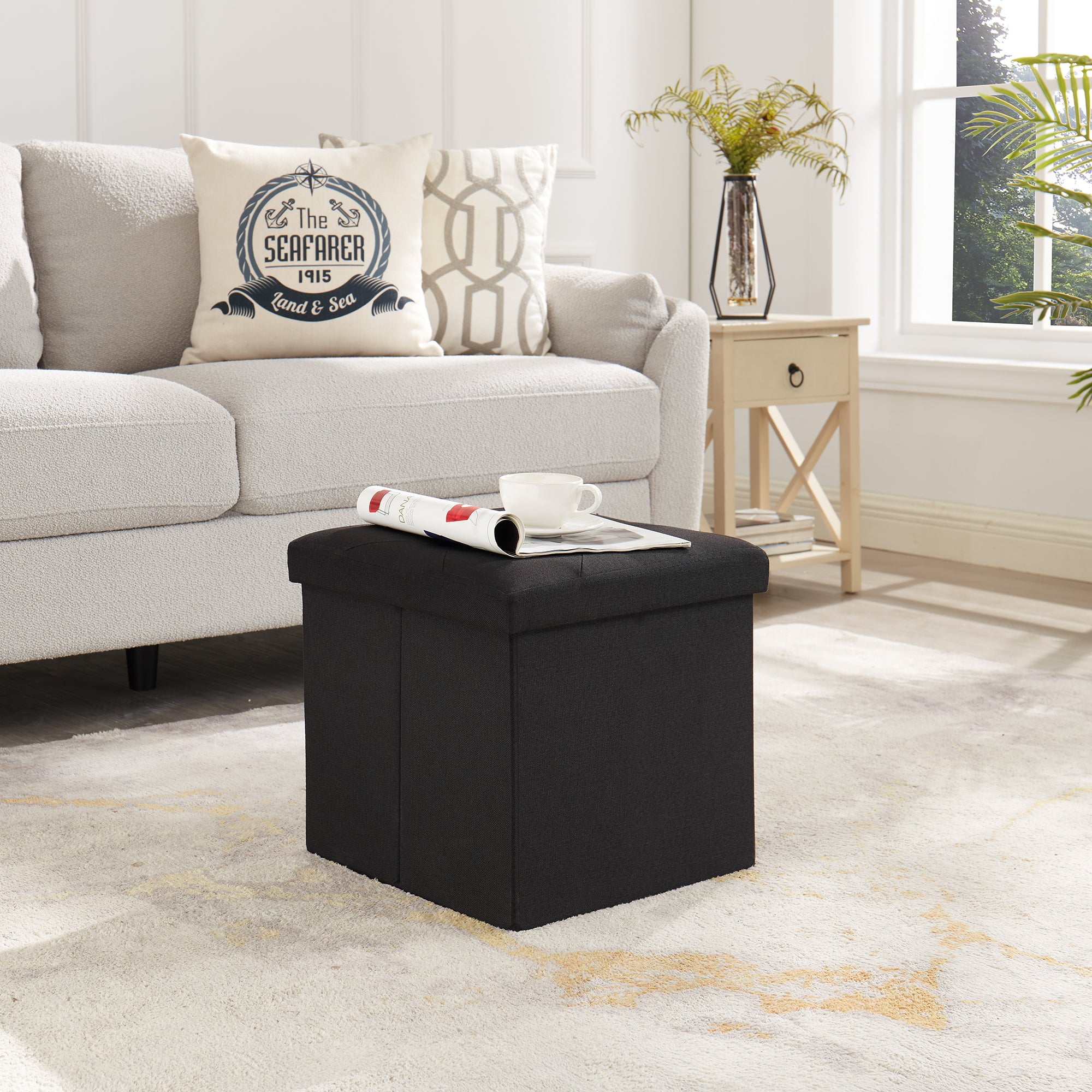 VECELO 15" Foldable Tufted Linen Storage Ottoman, Square Cube Foot Rest ...