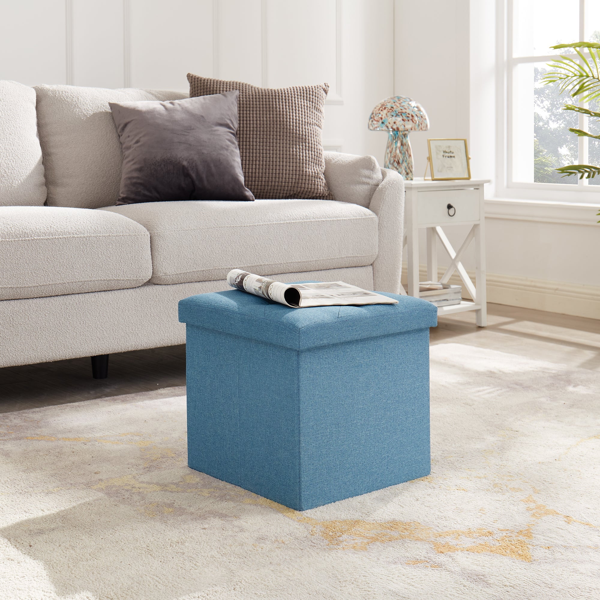 VECELO 15" Foldable Tufted Linen Storage Ottoman, Square Cube Foot Rest ...
