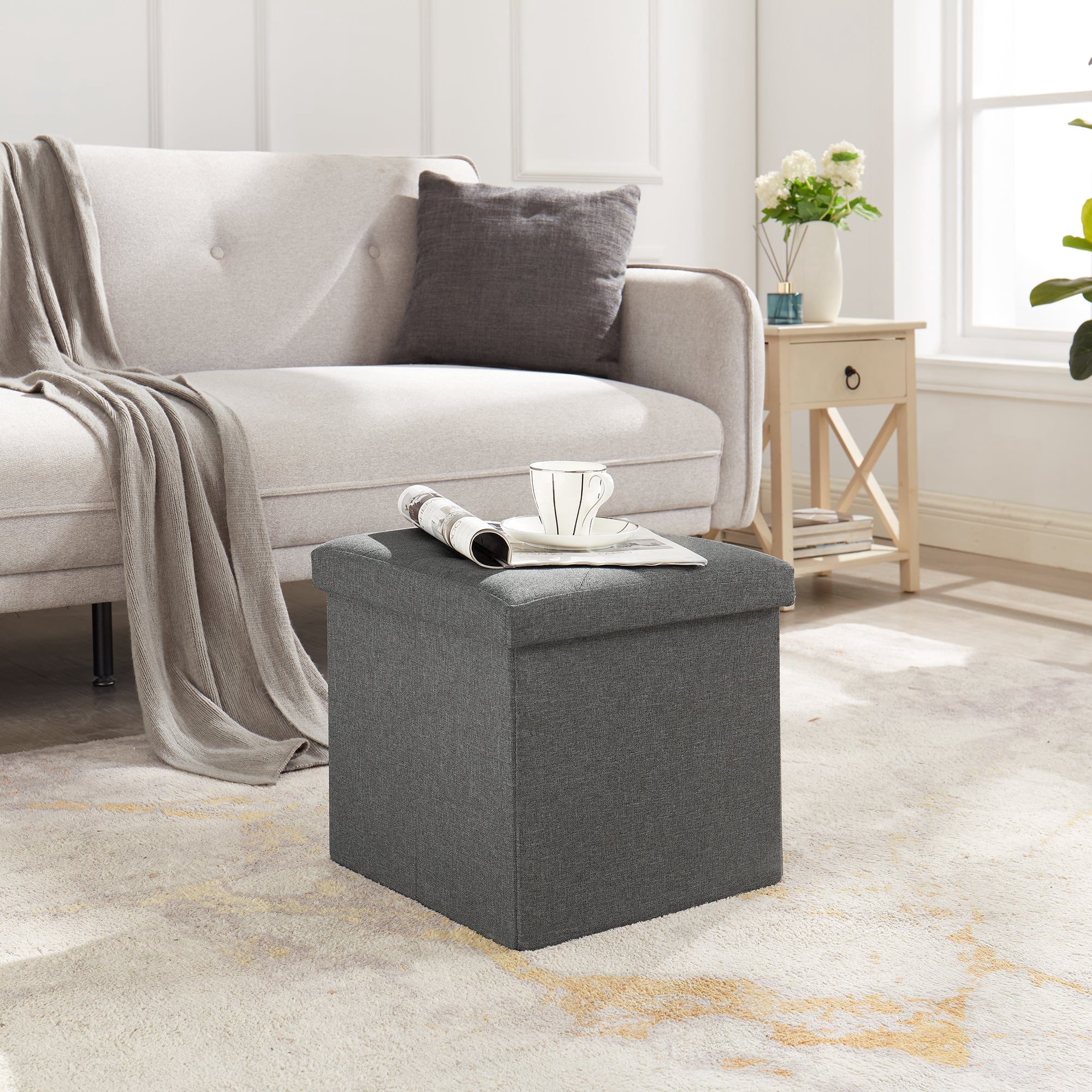 VECELO 15" Foldable Tufted Linen Storage Ottoman, Square Cube Foot Rest ...