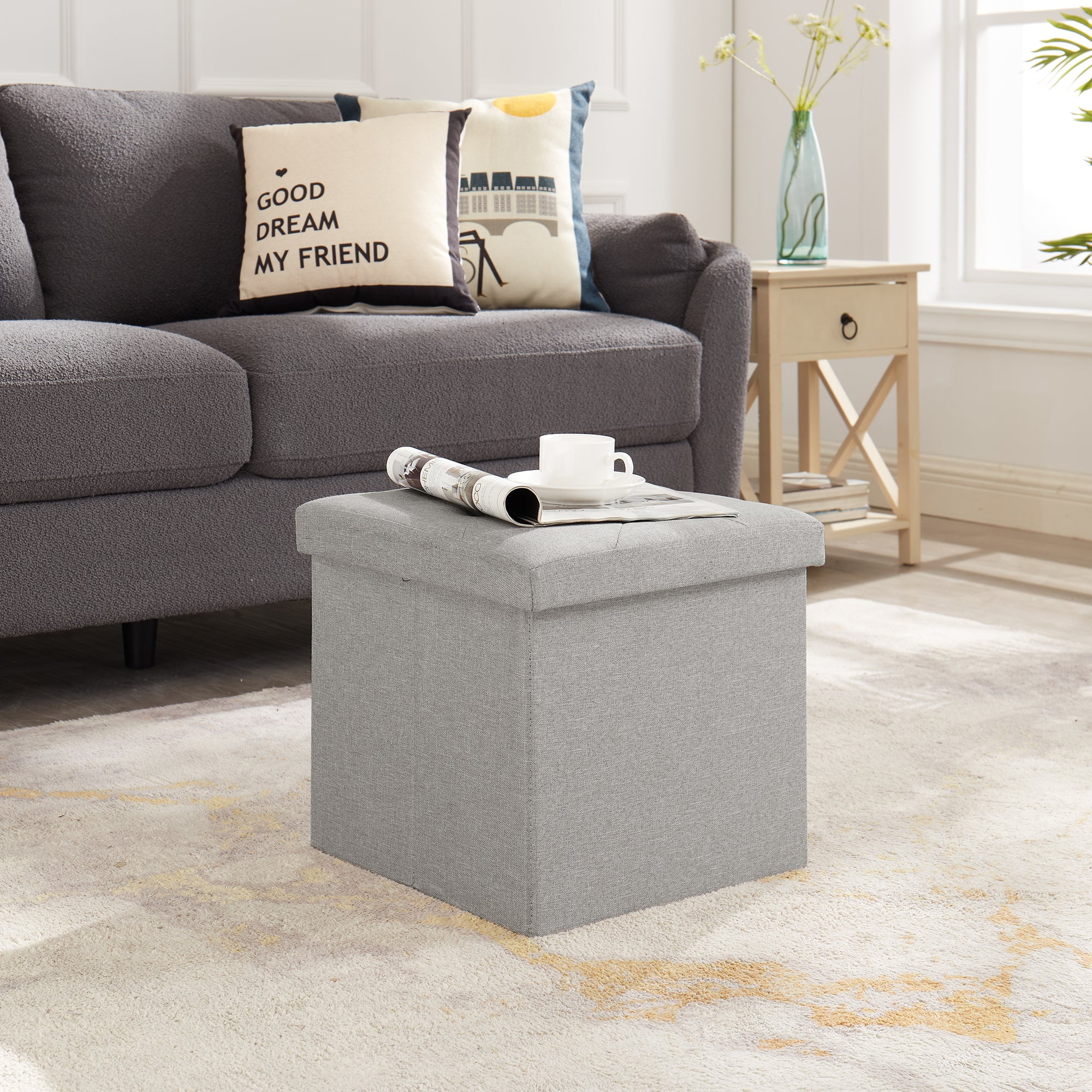 VECELO 15" Foldable Tufted Linen Storage Ottoman, Square Cube Foot Rest ...