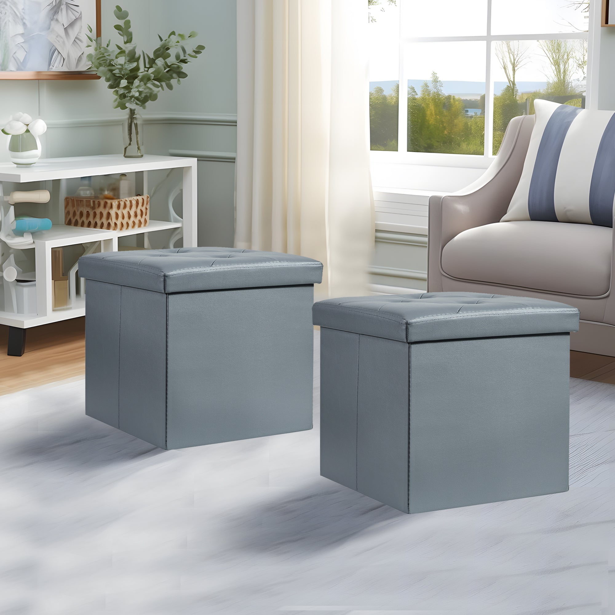 VECELO 15" Folding Storage Ottoman Bench, Set of 2, Faux Leather ...