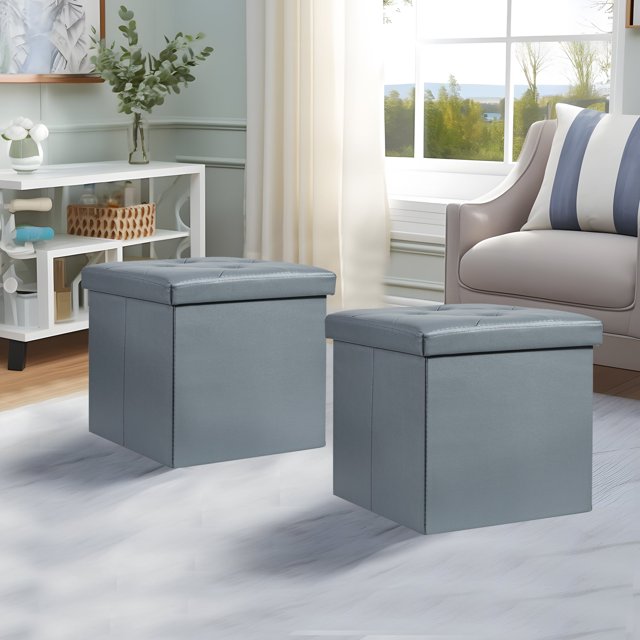 VECELO 15" Folding Storage Ottoman Bench, Set of 2, Faux Leather ...