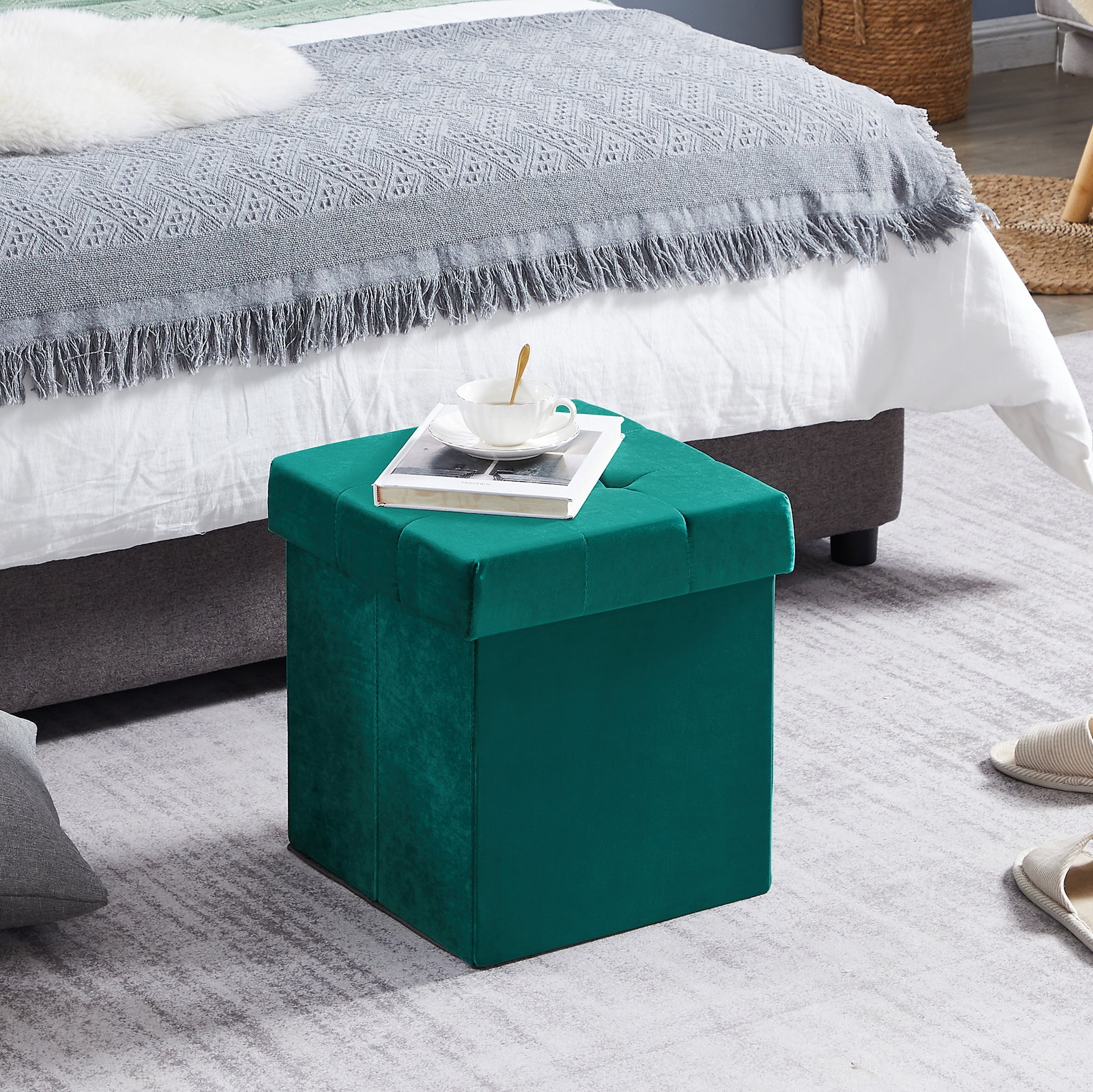 VECELO 15'' Square Folding Storage Ottoman Footrest, Tufted Velvet ...