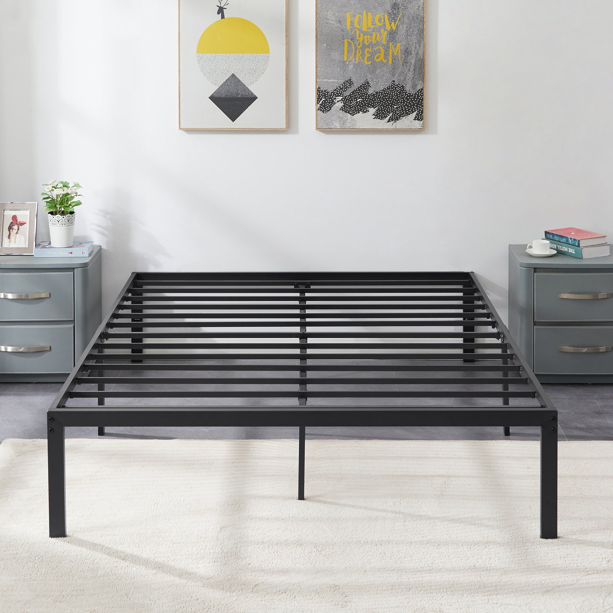 Katkuca 16" Queen Metal Platform Bed Frame, Strong Steel Slat Support ...