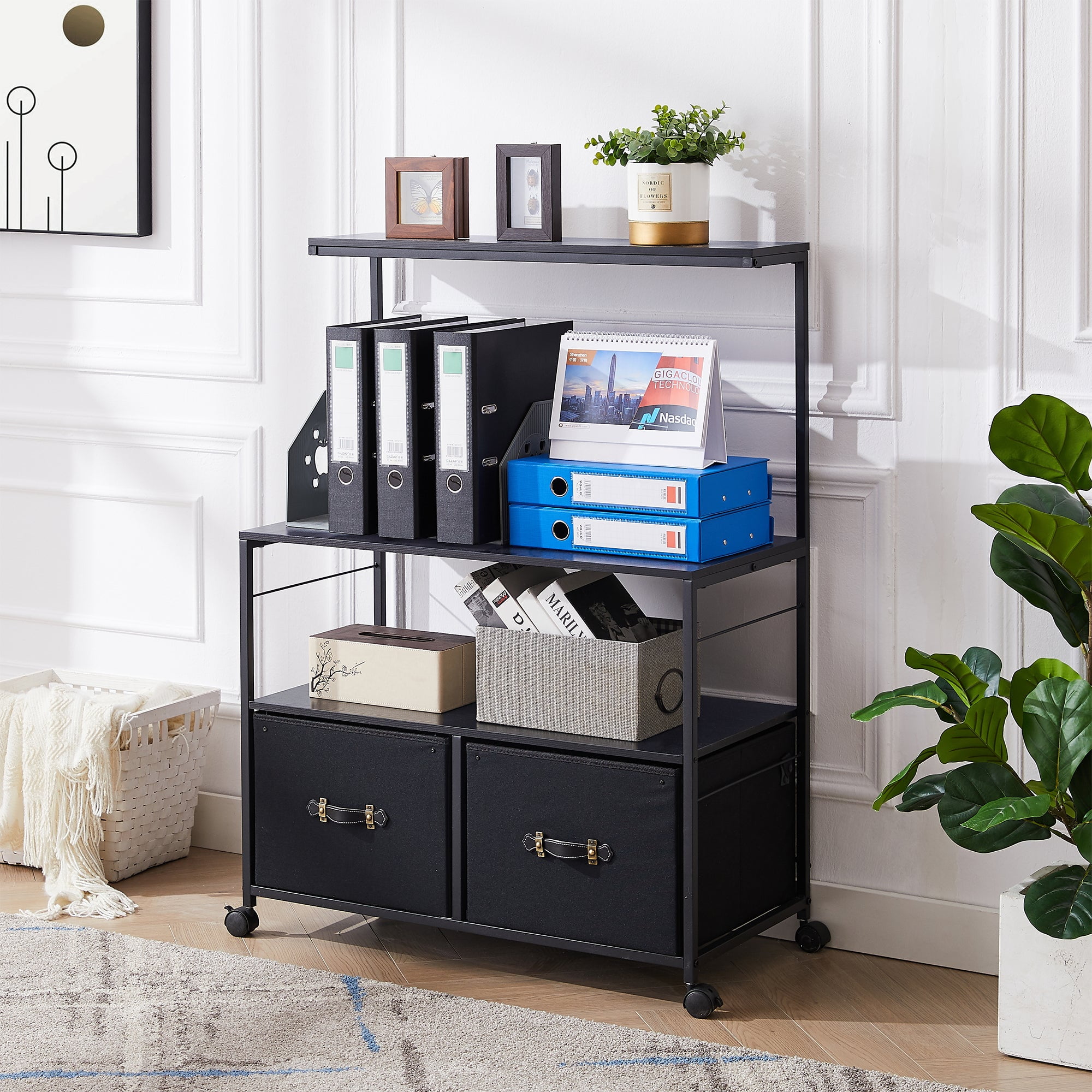 VECELO 2-Drawer Lateral File Cabinet, Rolling Printer Stand with 3 Open ...