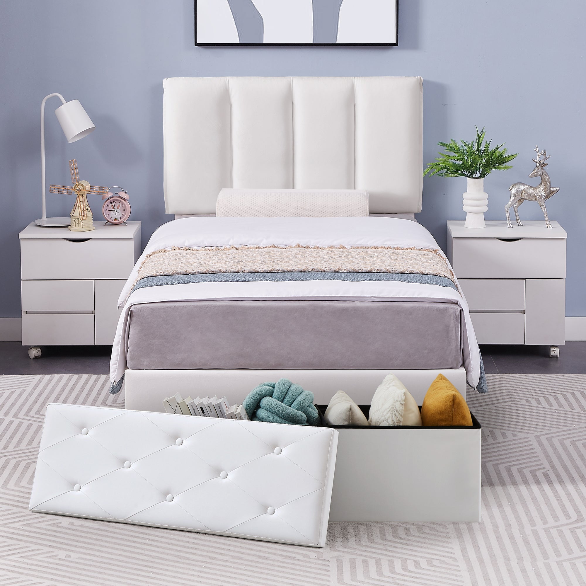 VECELO 2-Piece Bedroom Set, Twin Upholstered Bed Frame and Ottoman ...