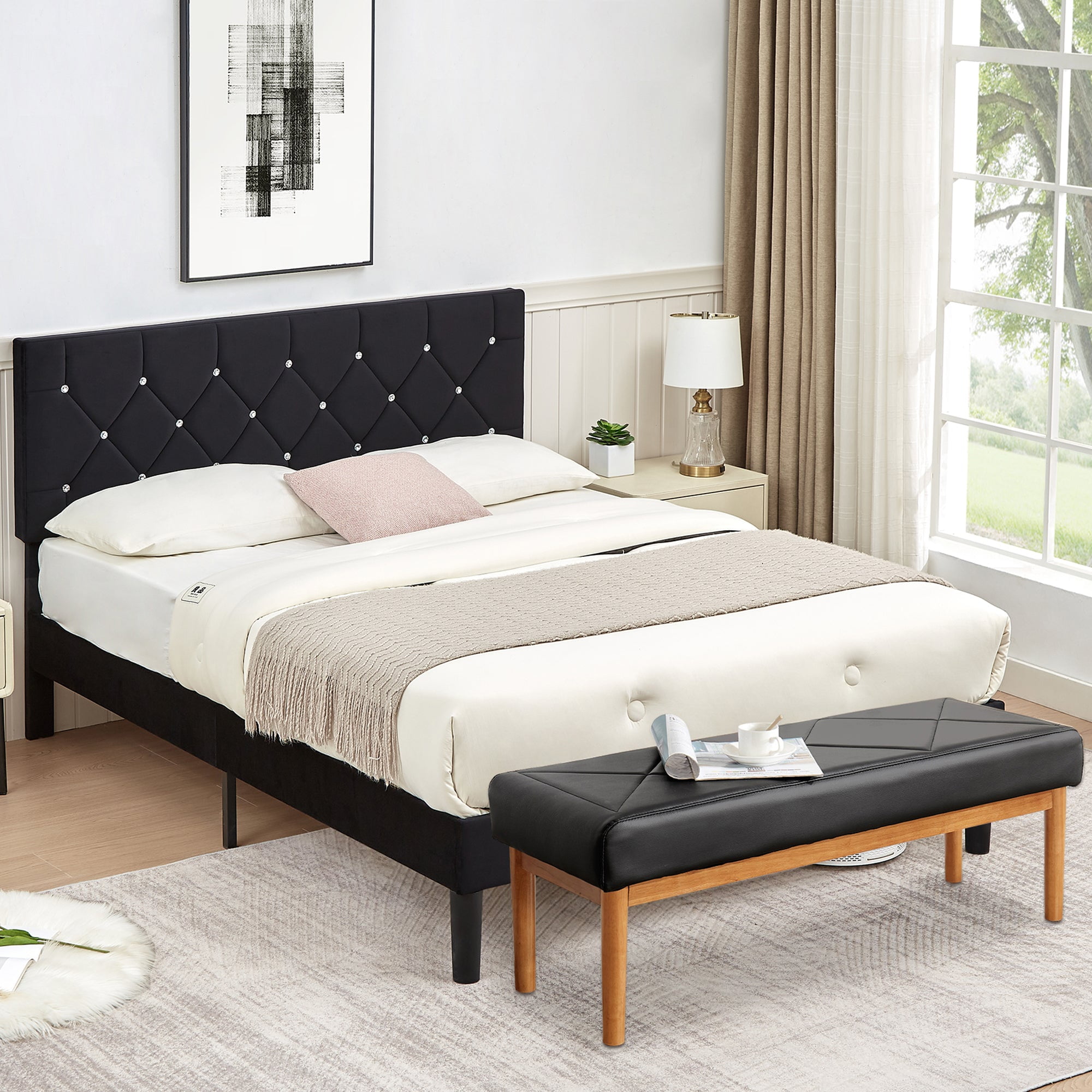 VECELO 2-Pieces Bedroom Sets, Full Size Upholstered Bed Frame with ...