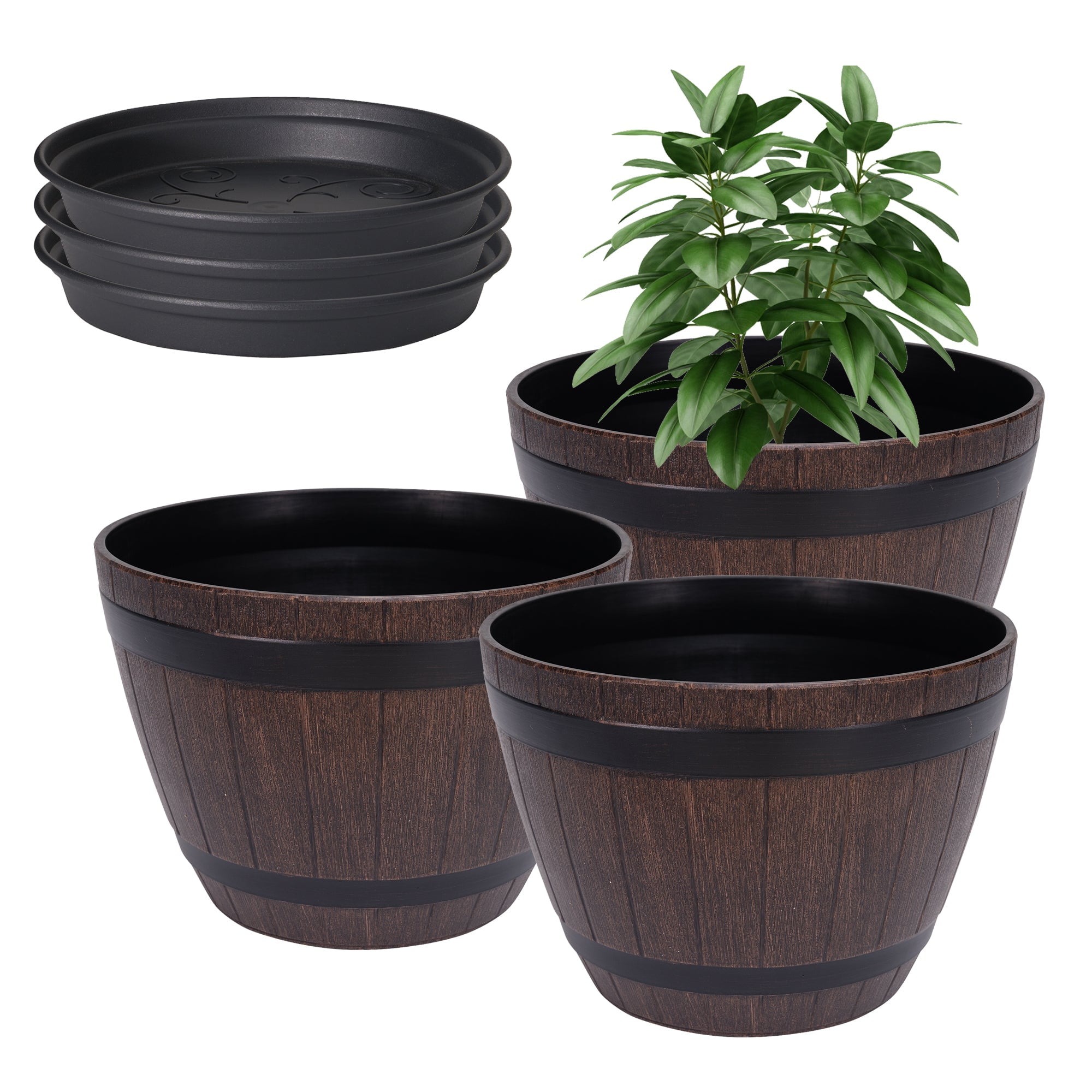 VECELO 3 Pack 13 inch Plant Pots, Whiskey Barrel Planters with Drainage ...