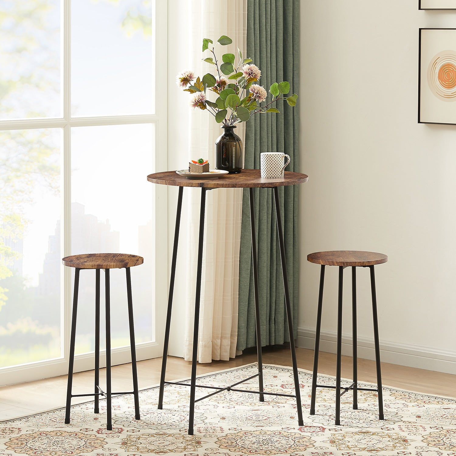VECELO 3-Piece Bar Table Set with 2 Stools, Space Saving Round Pub ...