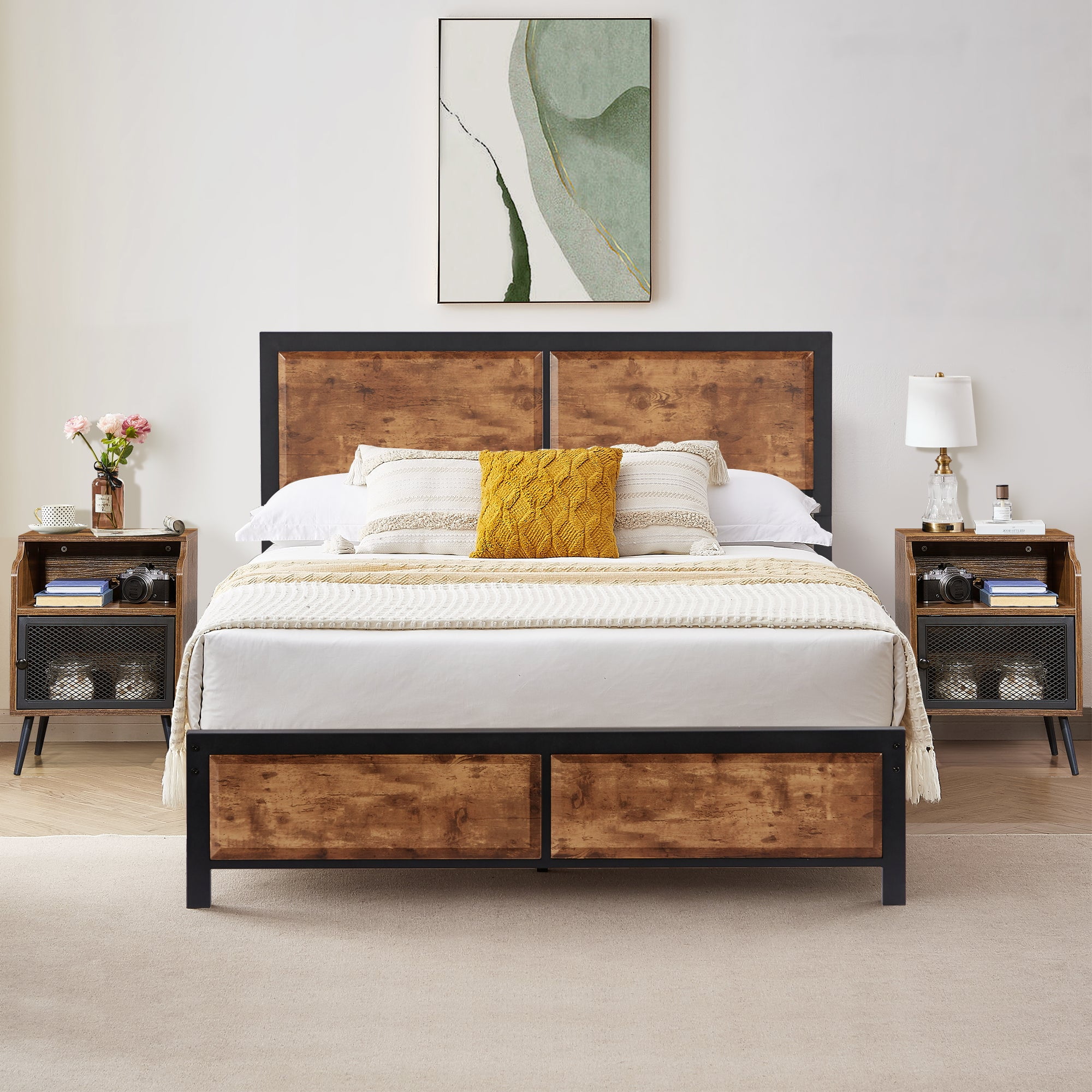 VECELO 3-Piece Bedroom Set, Full Platform Bed Frame with Wood Headboard ...