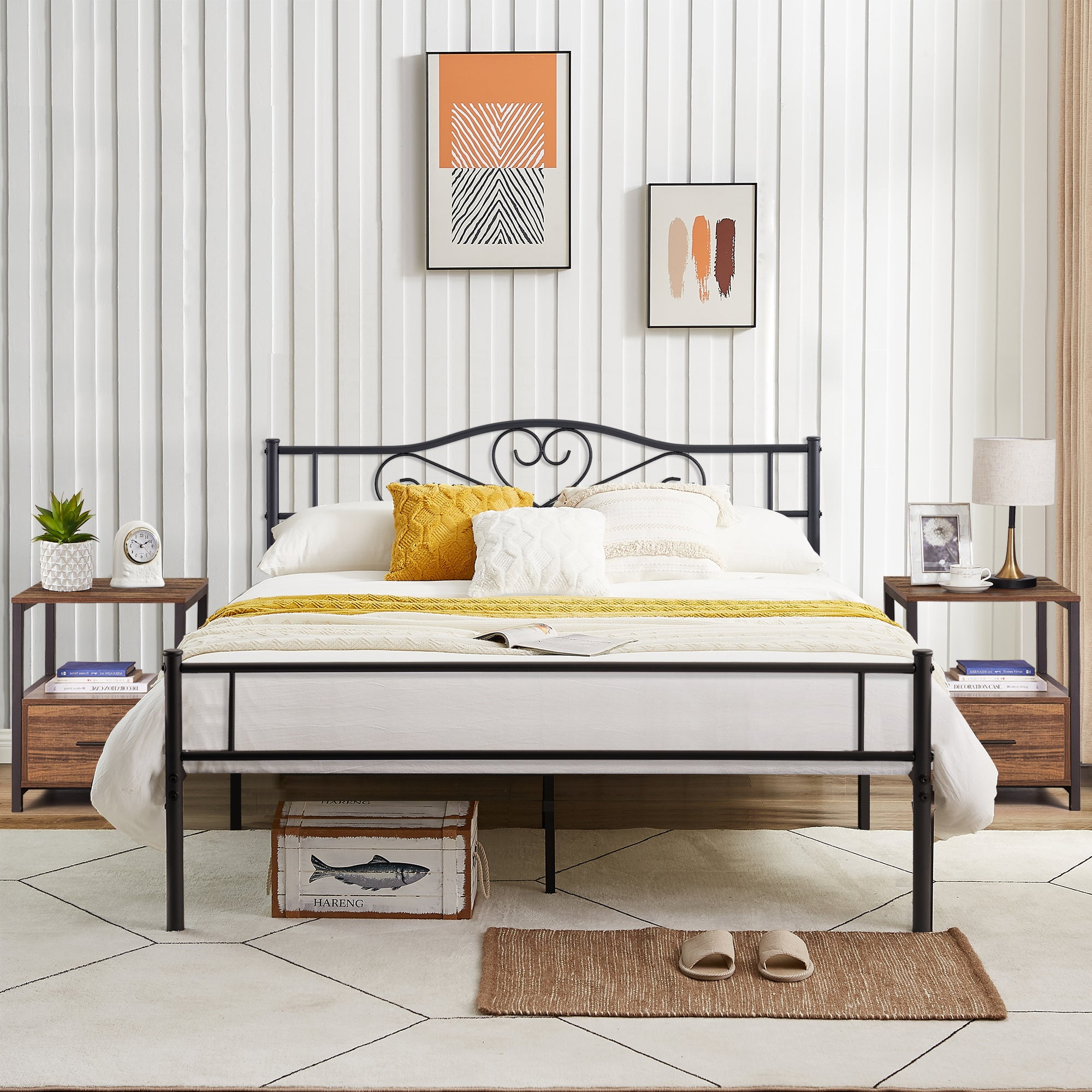 VECELO 3-Piece Bedroom Set Include Full Metal Bed Frame and 2 Brown ...
