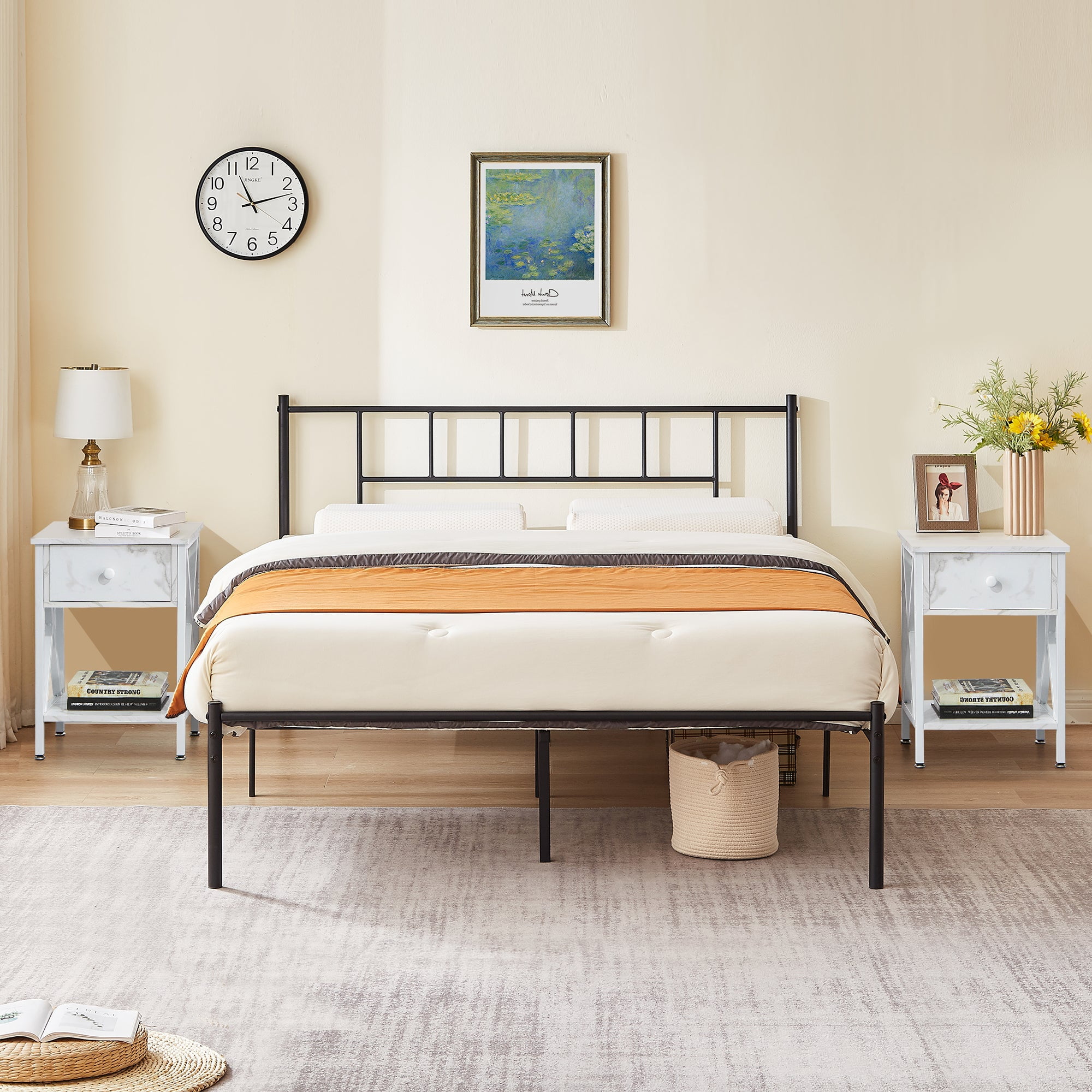 VECELO 3-Piece Bedroom Set with Full Metal Bed Frame with Headboard and ...