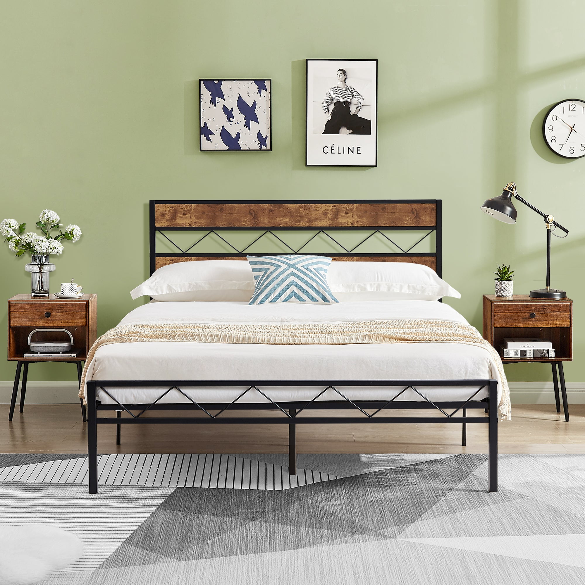 VECELO 3-Piece Bedroom Set with Queen Size Metal Bed Frame and 2 Brown ...