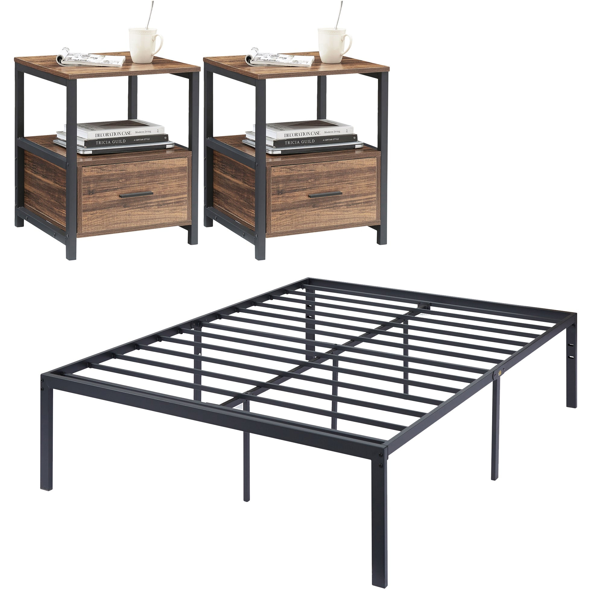 VECELO 3-Piece Bedroom Sets Include Metal Platform Bed Frame and 2 ...