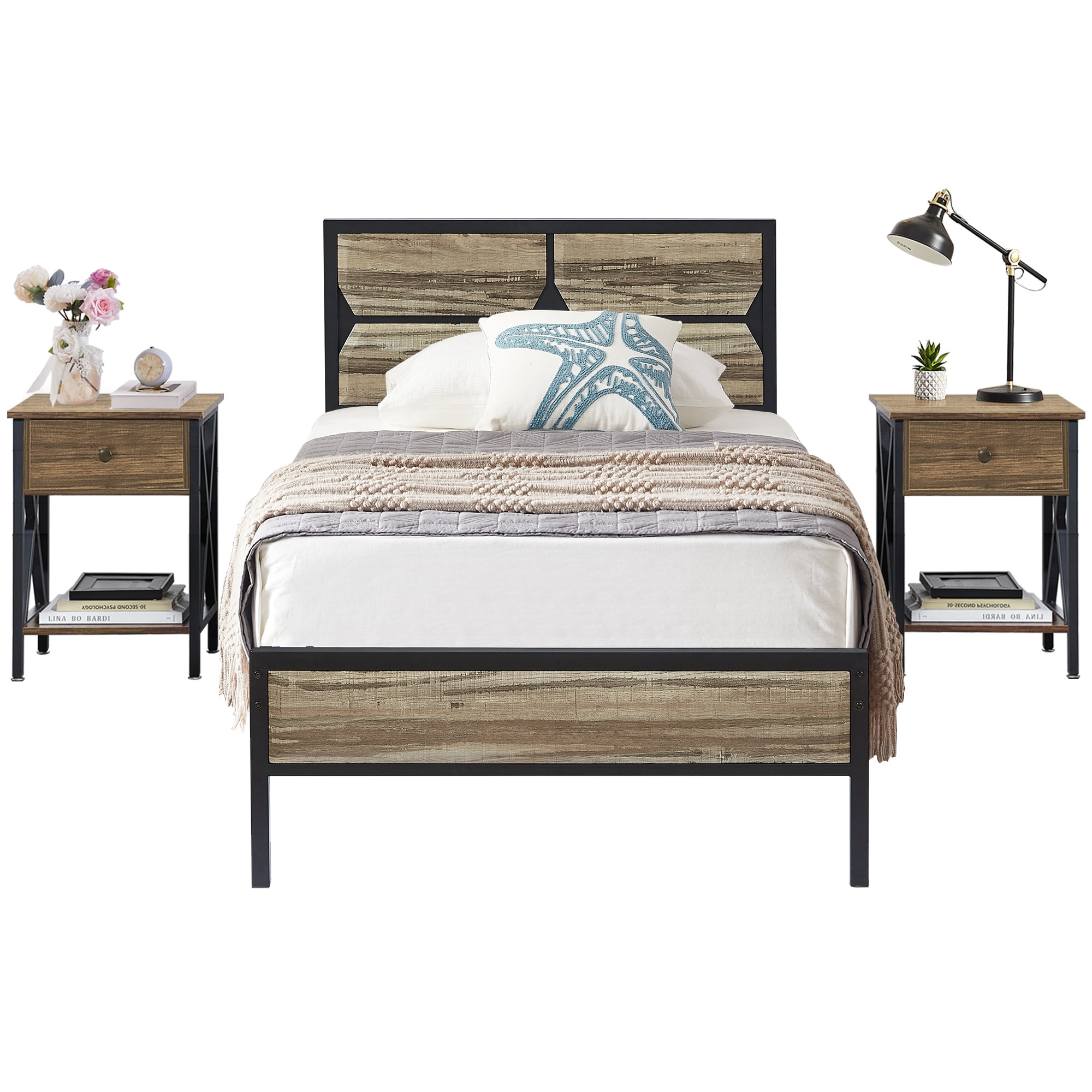 VECELO 3-Piece Bedroom Sets, Twin Size Wooden Platform Bed with 2 ...