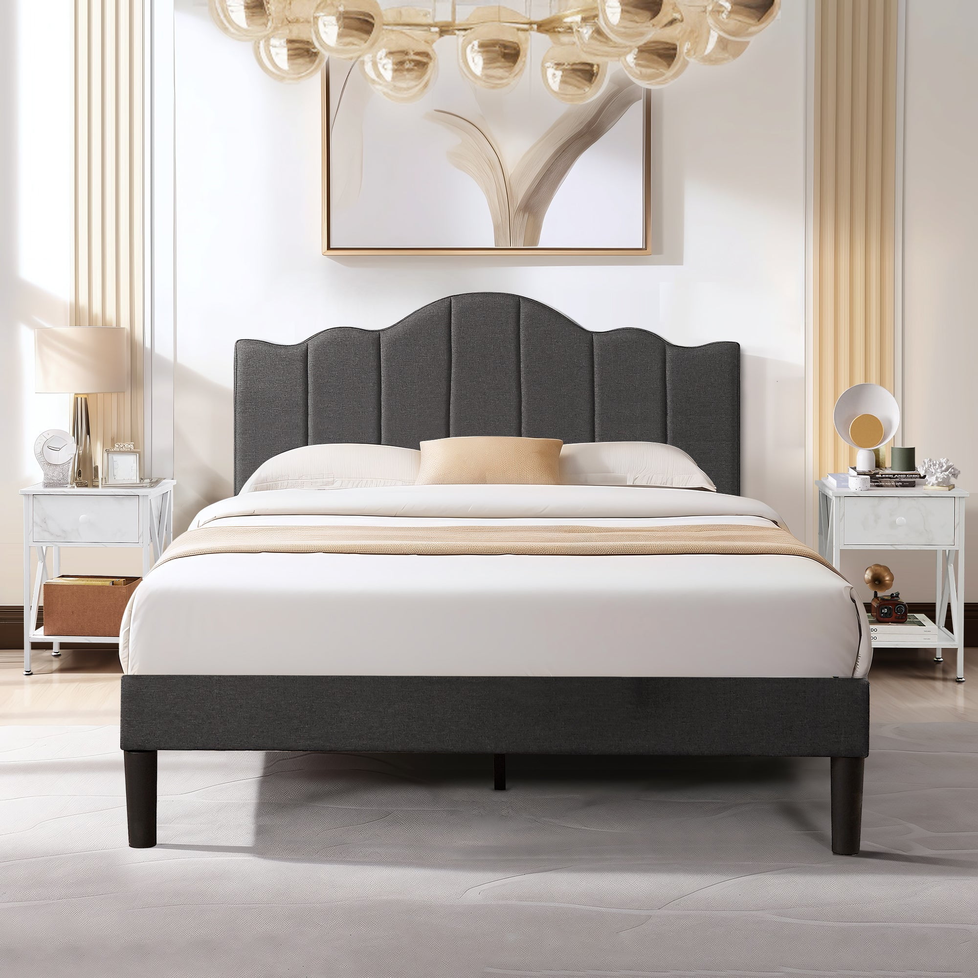 VECELO 3-Piece Bedroom Sets Upholstered Bed Frame and 2 White ...