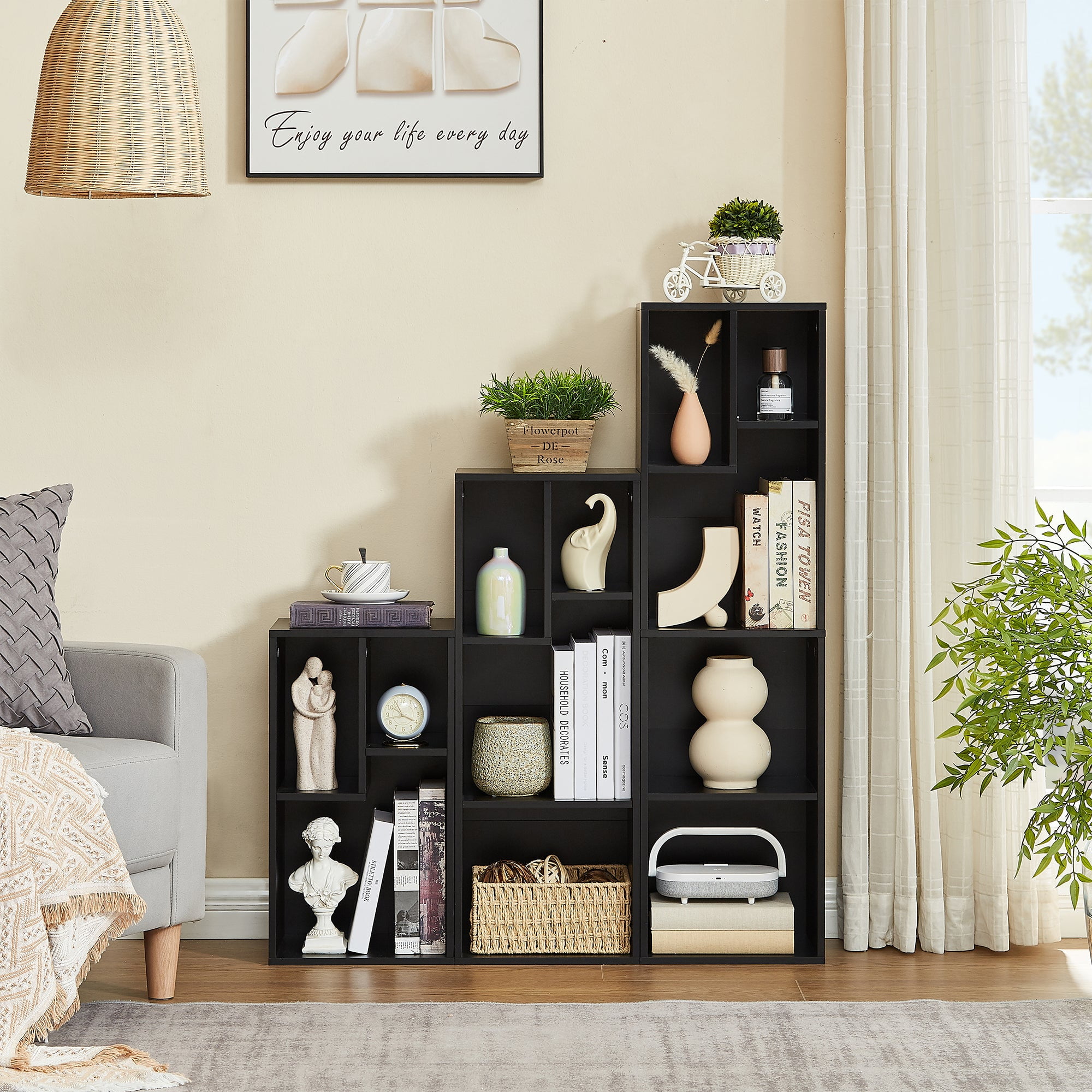 VECELO 3-Piece Bookcases Bookshelf Multi-Functional 12-Grid Bedroom ...