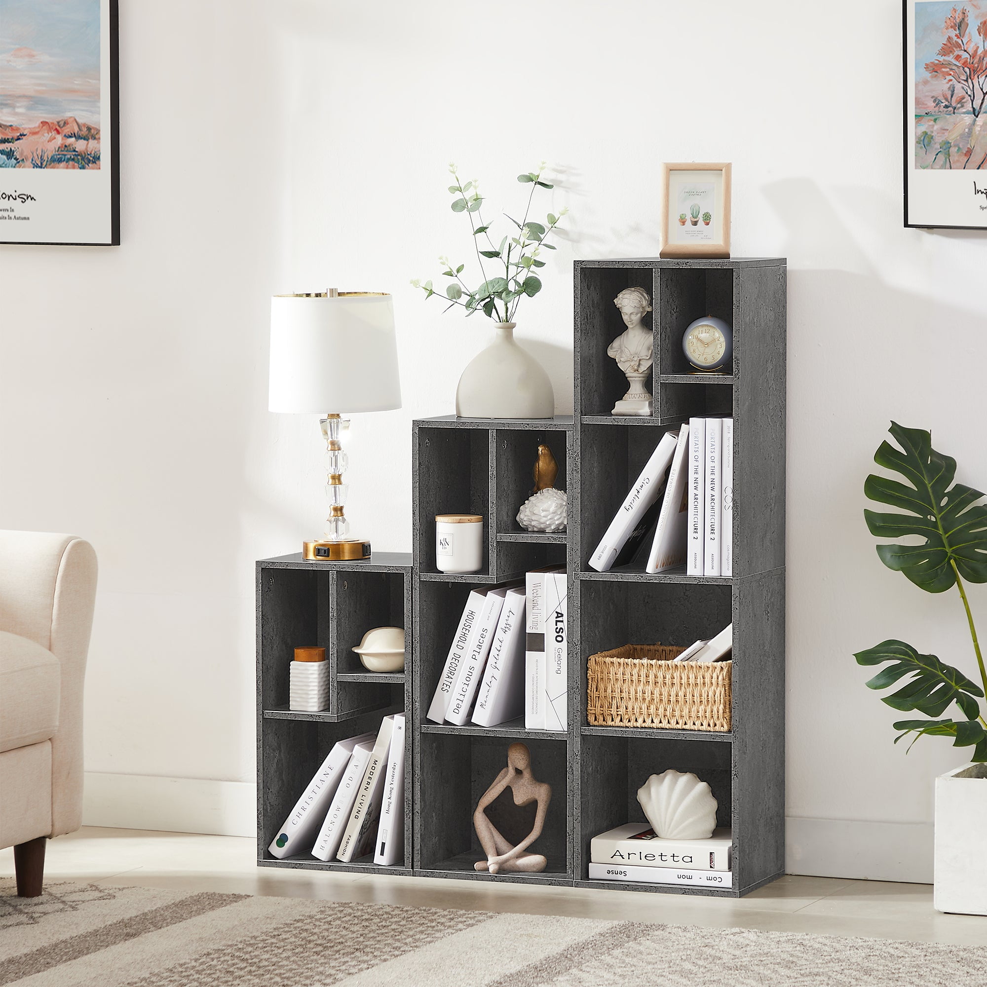 VECELO 3-Piece Bookcases Bookshelf Multi-Functional 12-Grid Bedroom ...