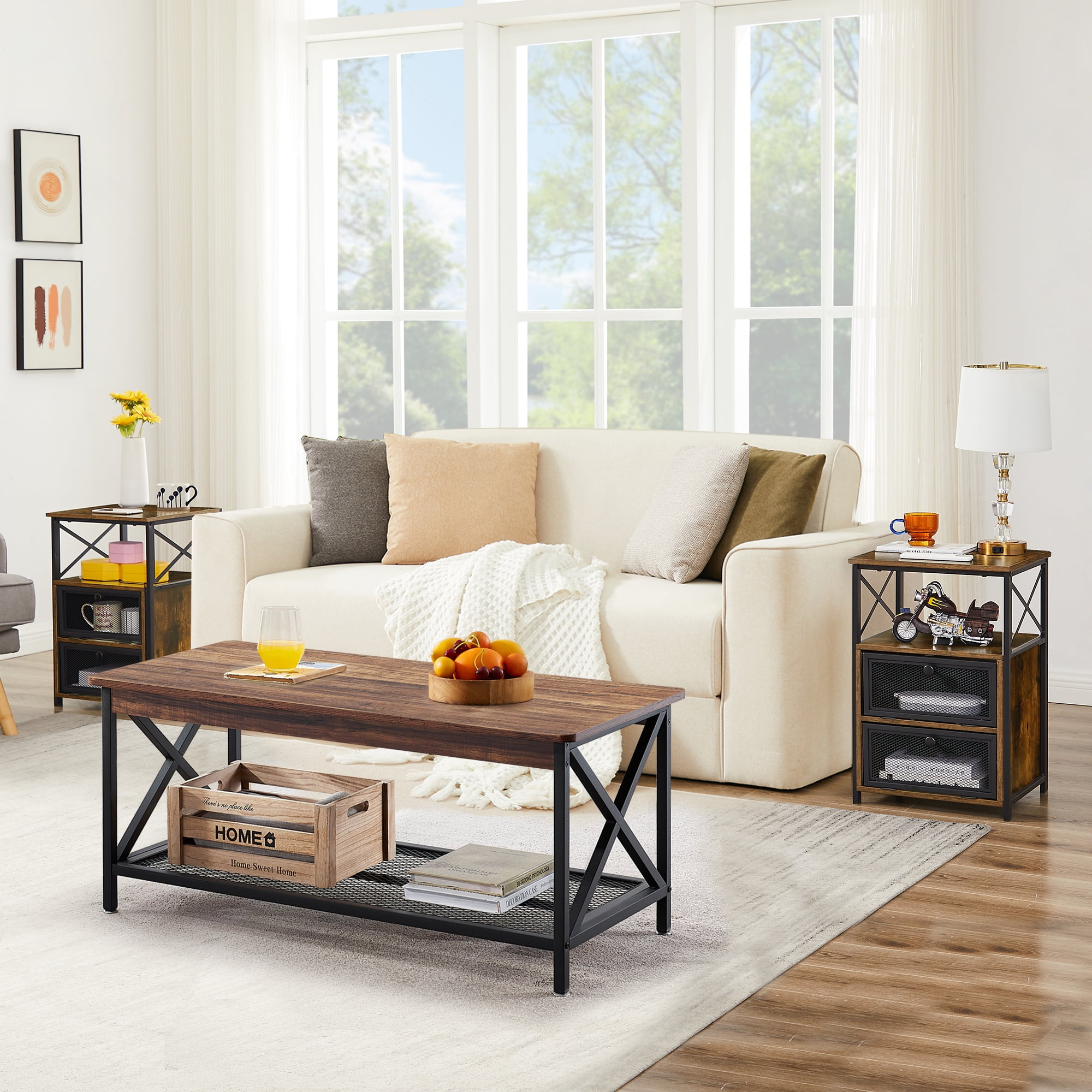 VECELO 3-Piece Living Room Coffee Table Set with 2 End Tables, Brown ...