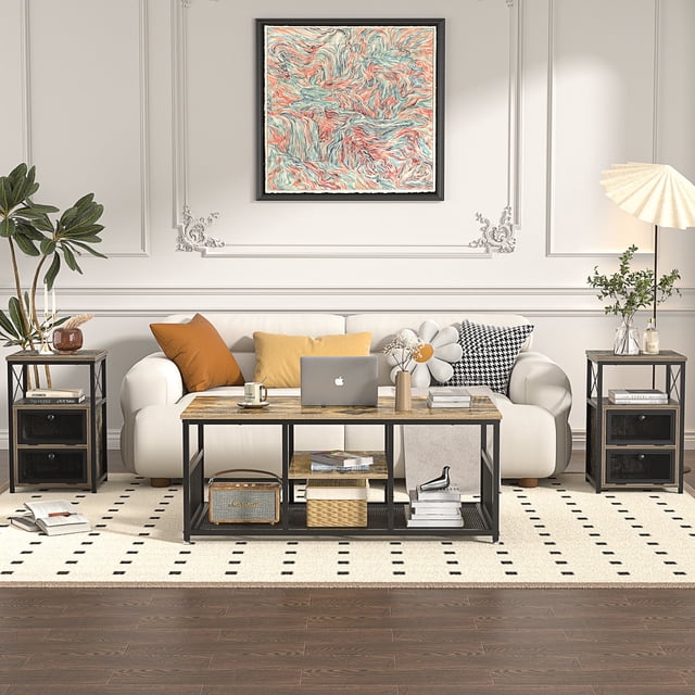 VECELO 3-Piece Coffee Table Set, Metal Frame Sofa Side Tables for ...
