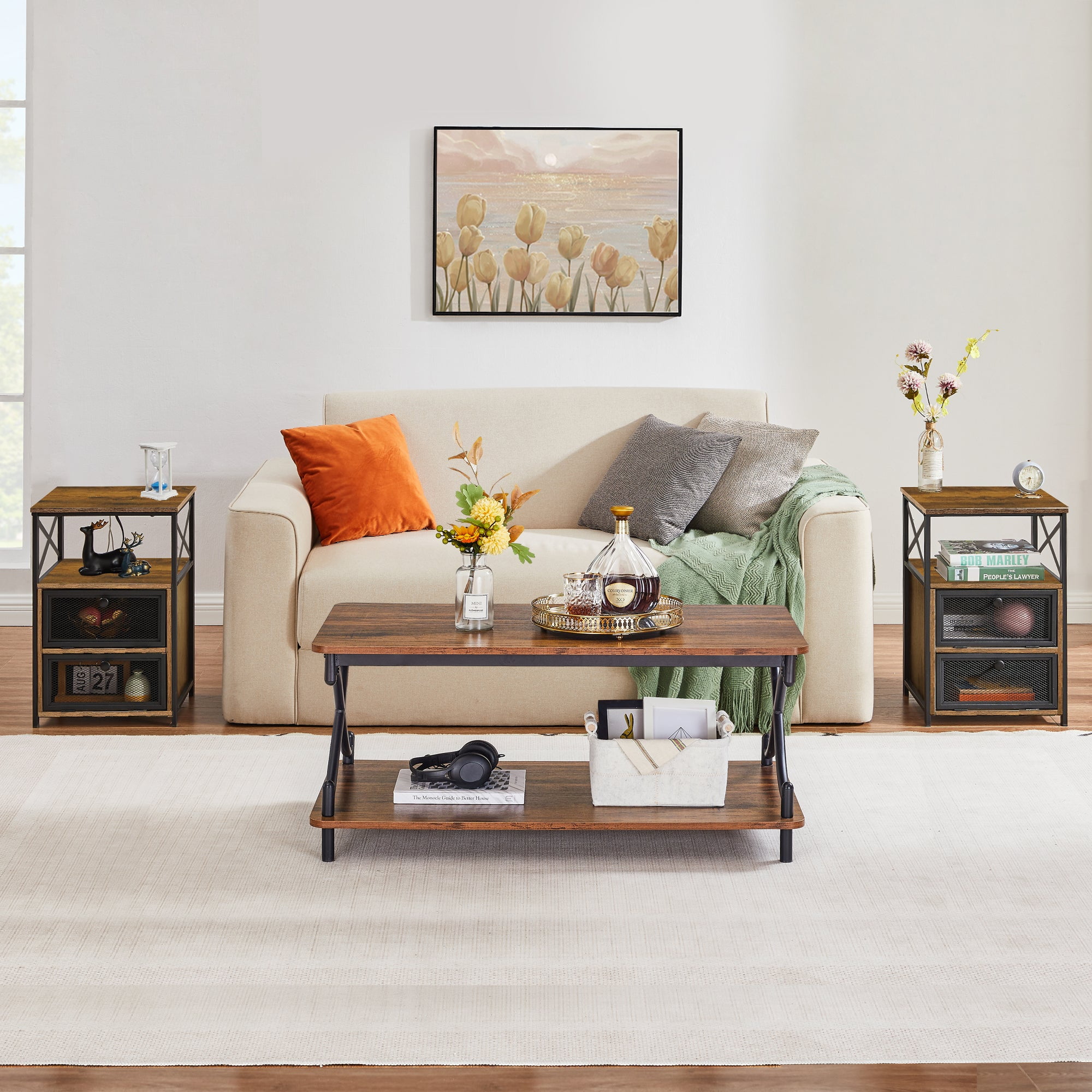 VECELO 3-Piece Modern Country Style Coffee Table Set with 2-Drawer End ...