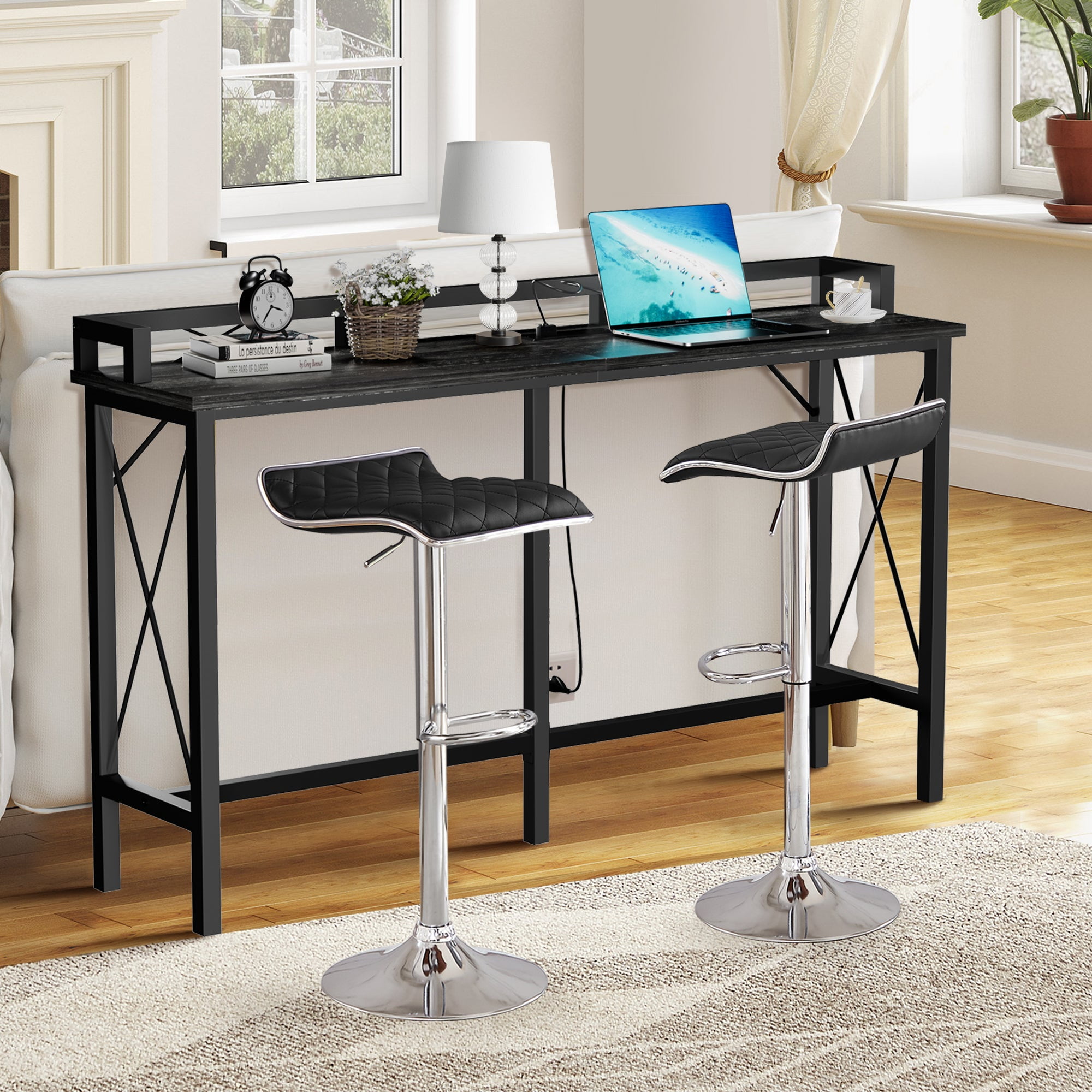 VECELO 3-Piece Console Table and Stool Set, 39.4" Sofa Table with USB ...