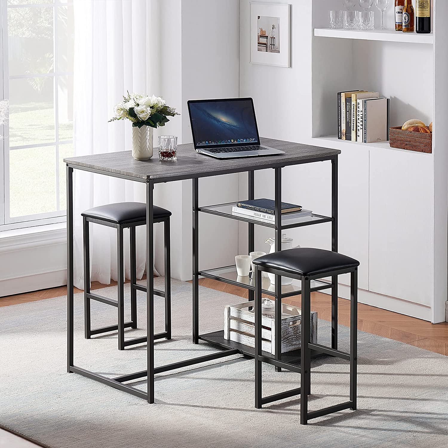 VECELO 3-Piece Dining Set High Top Table with 2 PU Padded Chair for ...