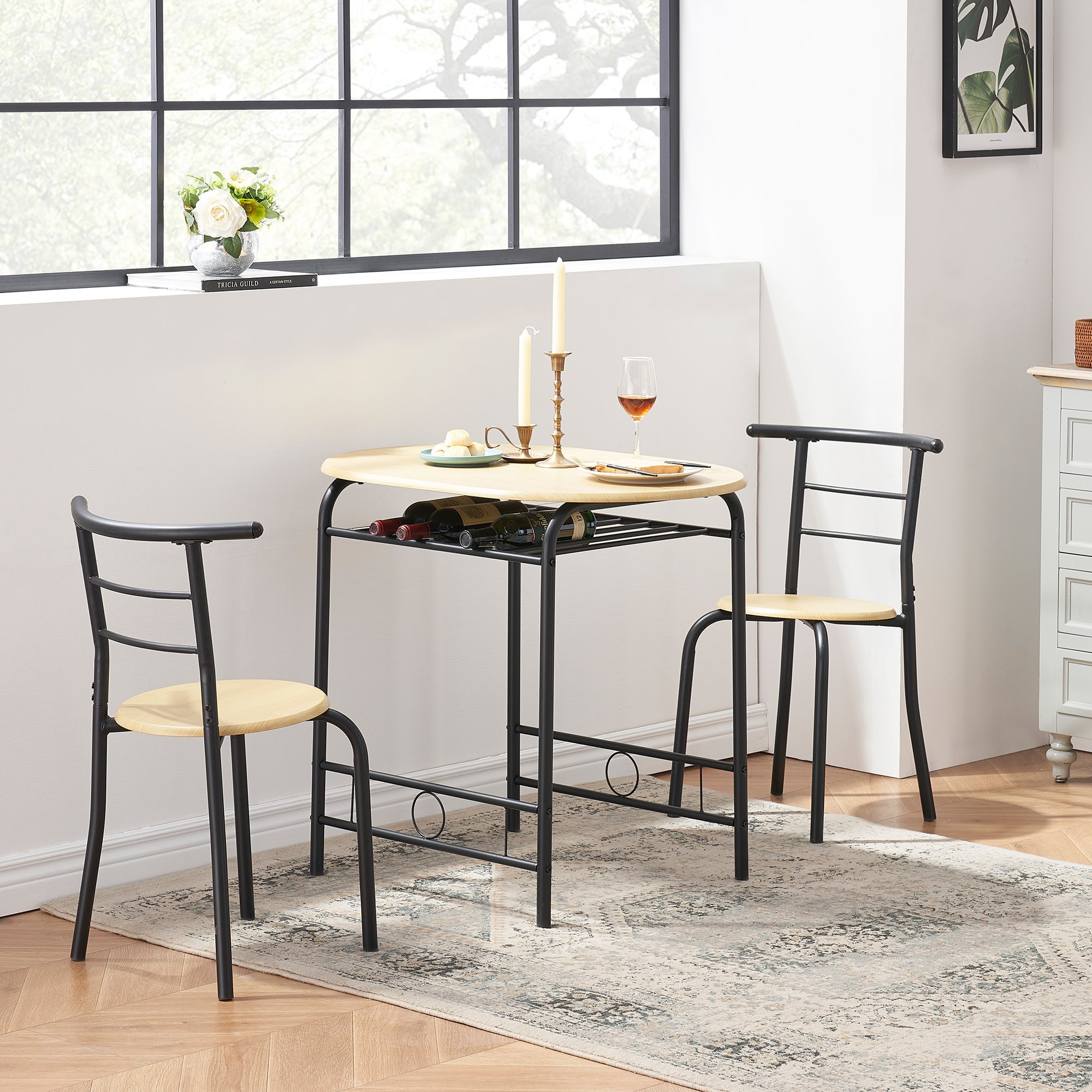 VECELO 3-Piece Dining Set, Wood Round Table and Chairs Set w/ Steel ...