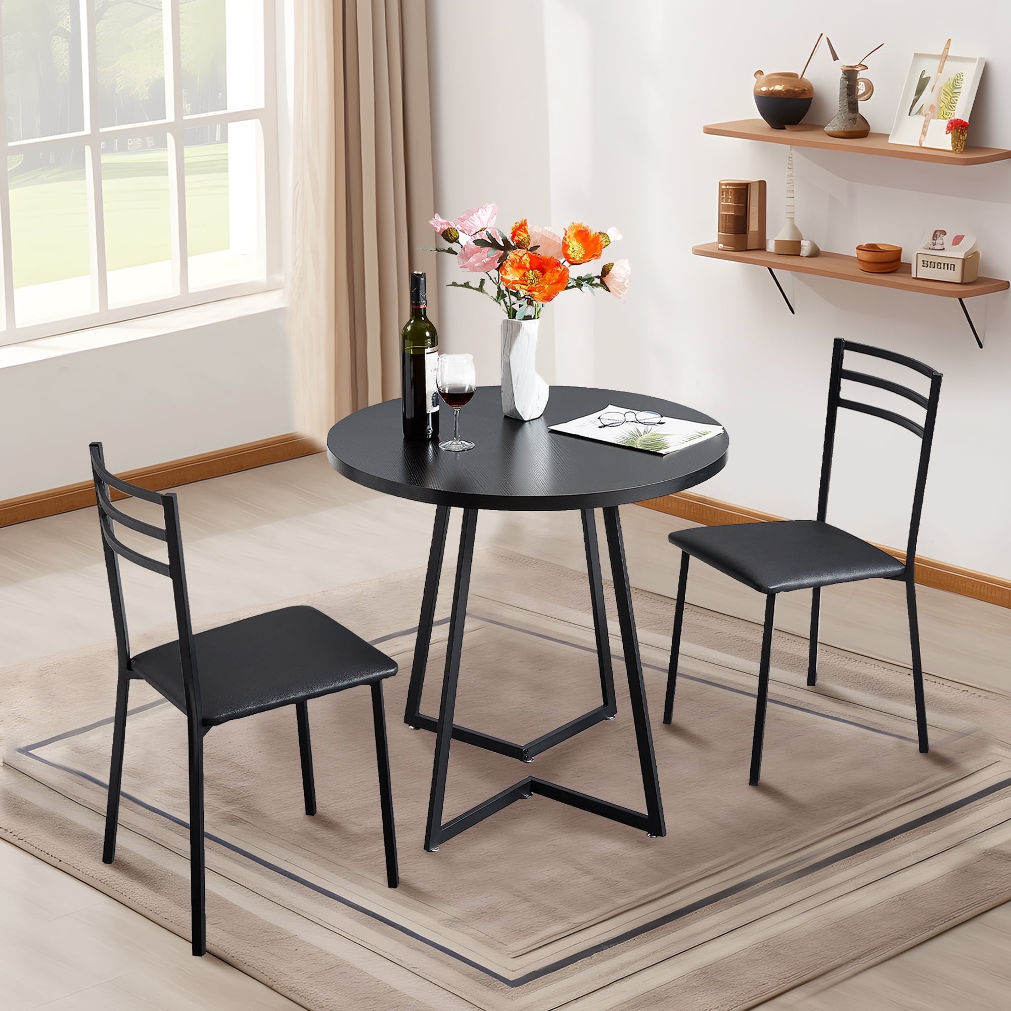 VECELO 3-Piece Dinette Set with Round Table & 2 Chairs, Compact Design ...