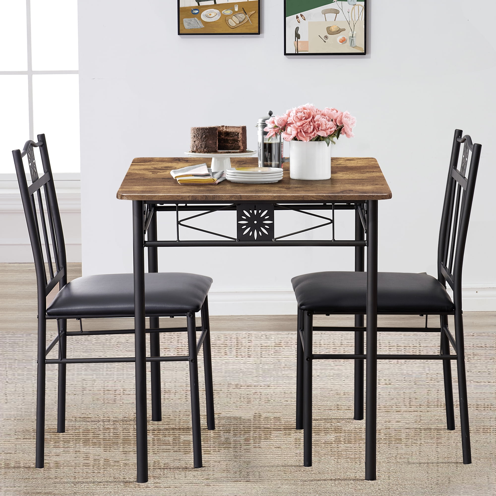 VECELO 3-Piece Wooden Dining Set, Square Table with 2 PU Cushion Chairs ...