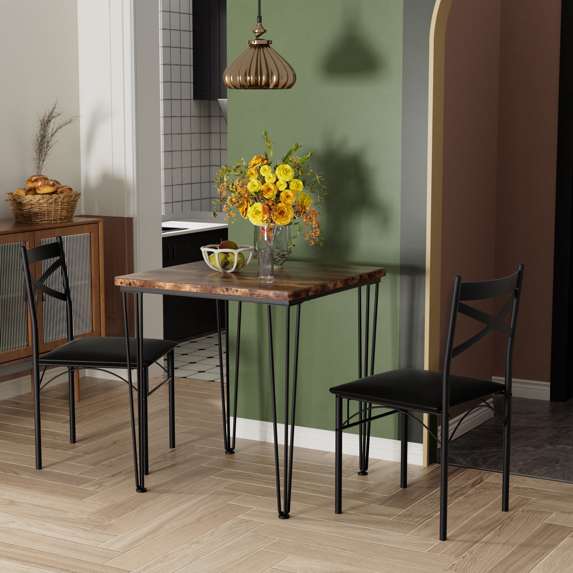 VECELO 3-Piece Dining Set, Brown Wooden Table with PU Chairs for ...