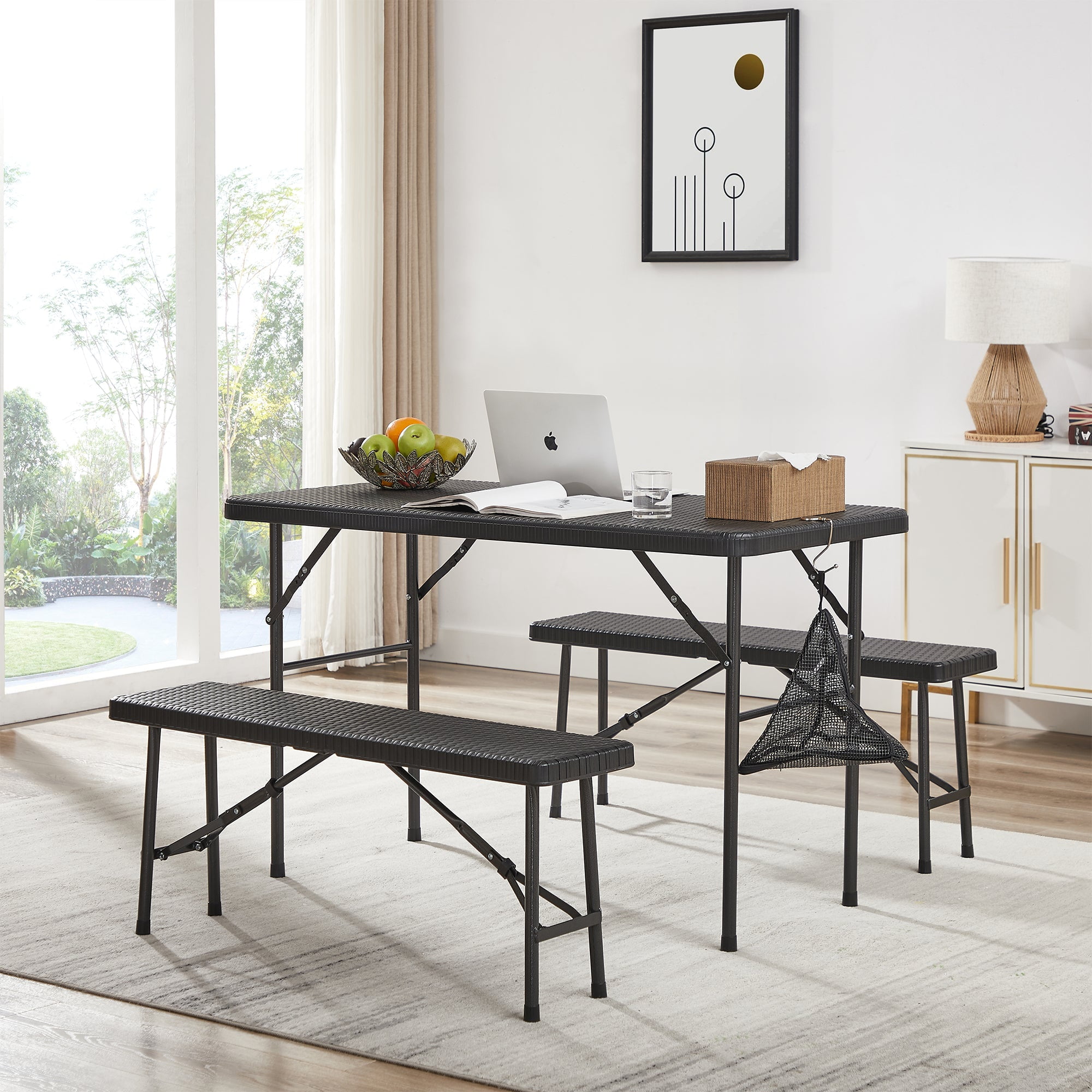 VECELO 3-Piece Folding Table Set wtih 2 Benches, Indoor Outdoor 4ft ...